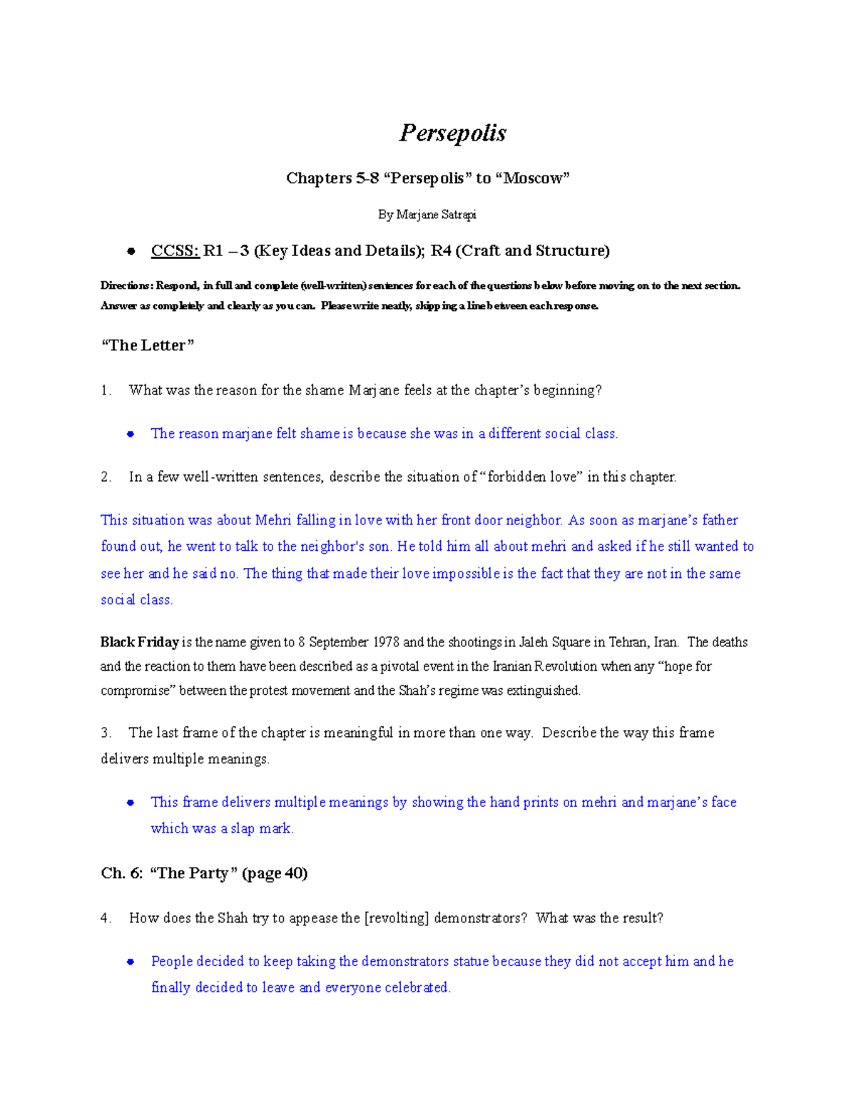 Persepolis 5-8 Summaries - Persepolis Chapters 5-8 “Persepolis” to ...