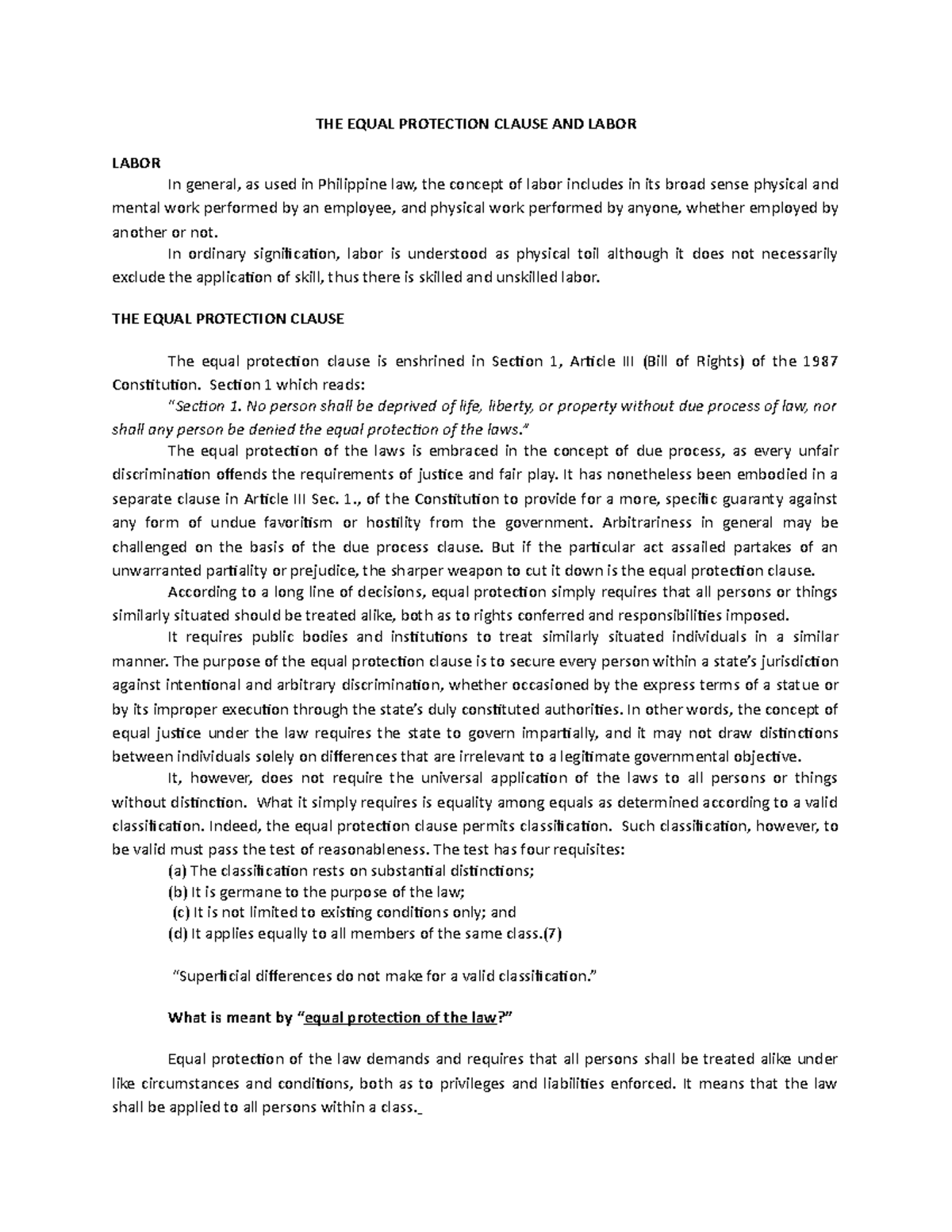Scribd - ... - THE EQUAL PROTECTION CLAUSE AND LABOR LABOR In general ...