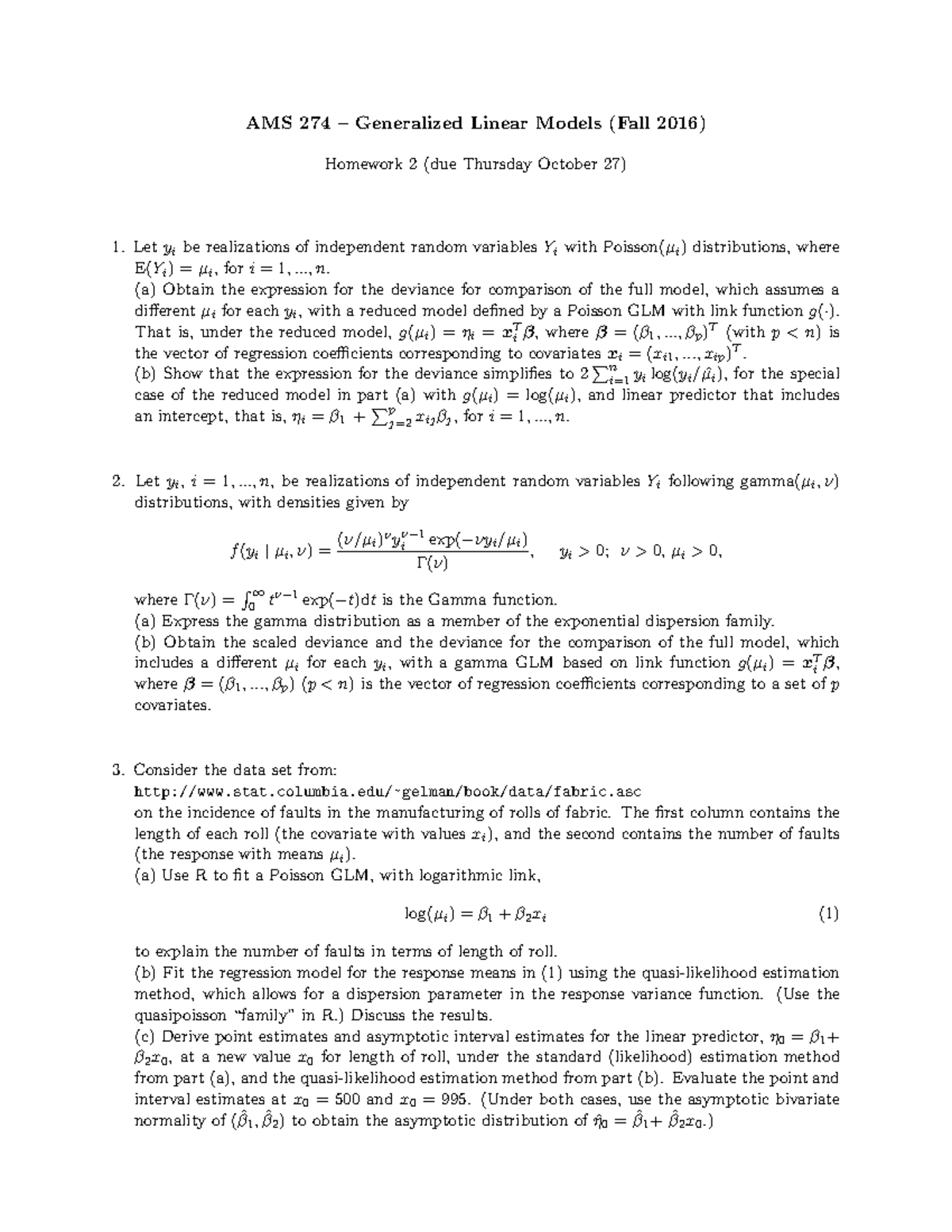 Hwk-2 - AMS274: Generalized Linear Models - AMS 274 – Generalized ...