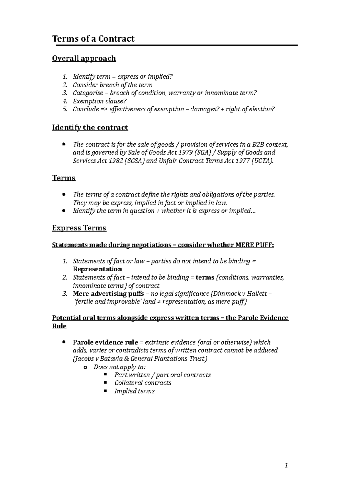 05 Terms of a Contract - 1 Terms of a Contract Overall approach ...