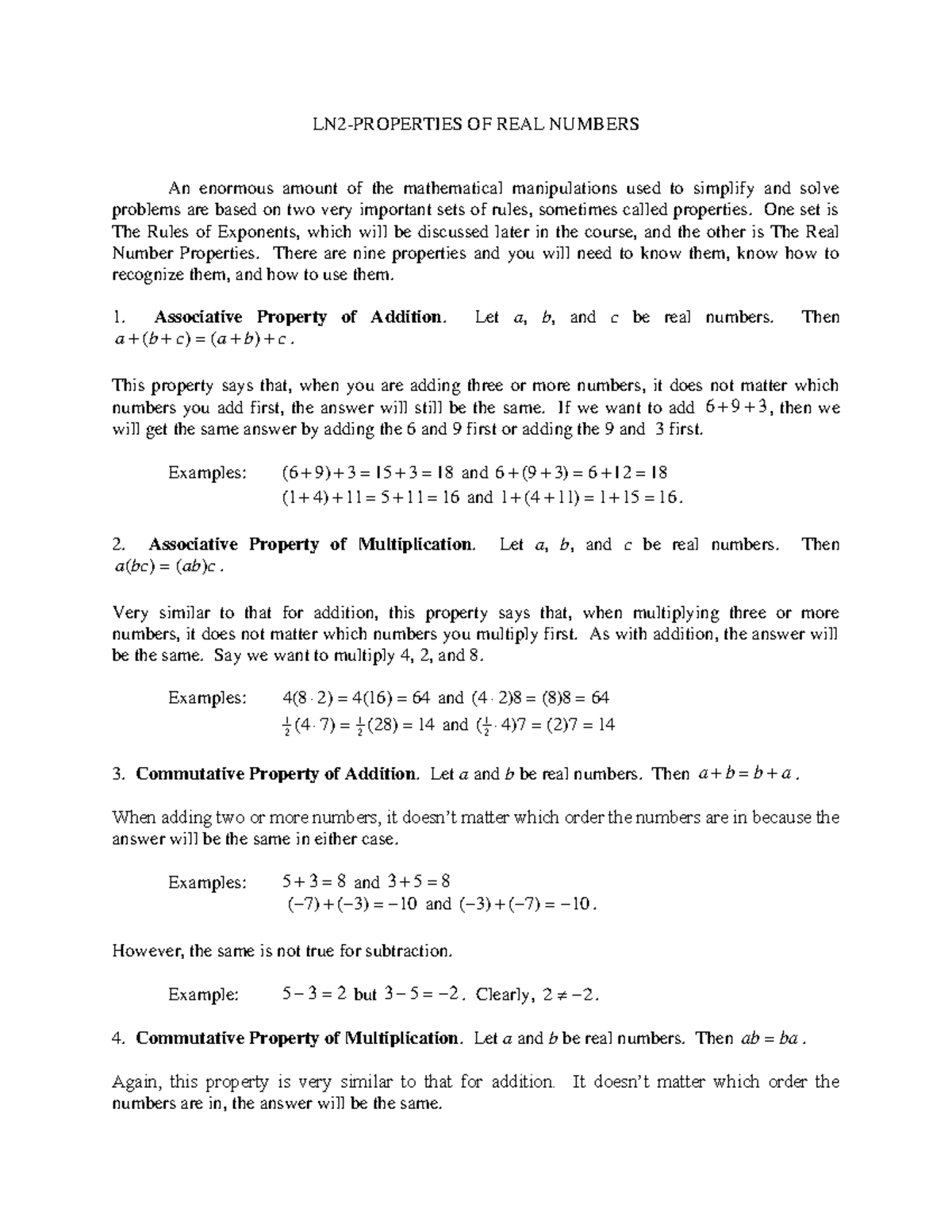 LN2- real numbers properties - LN2-PROPERTIES OF REAL NUMBERS An ...