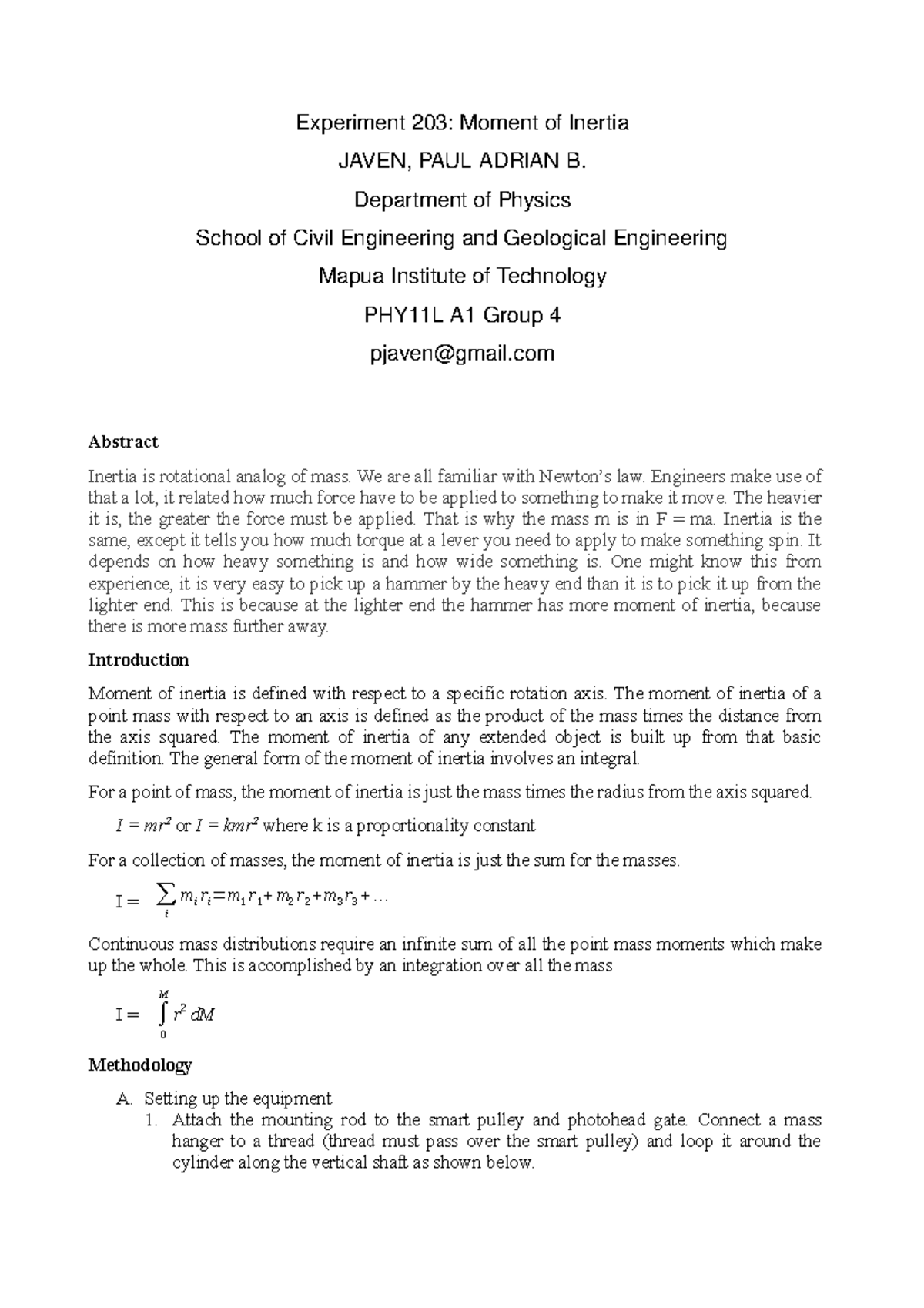 PHY11L Experiment 3 (E203) - Experiment 203: Moment of Inertia JAVEN ...