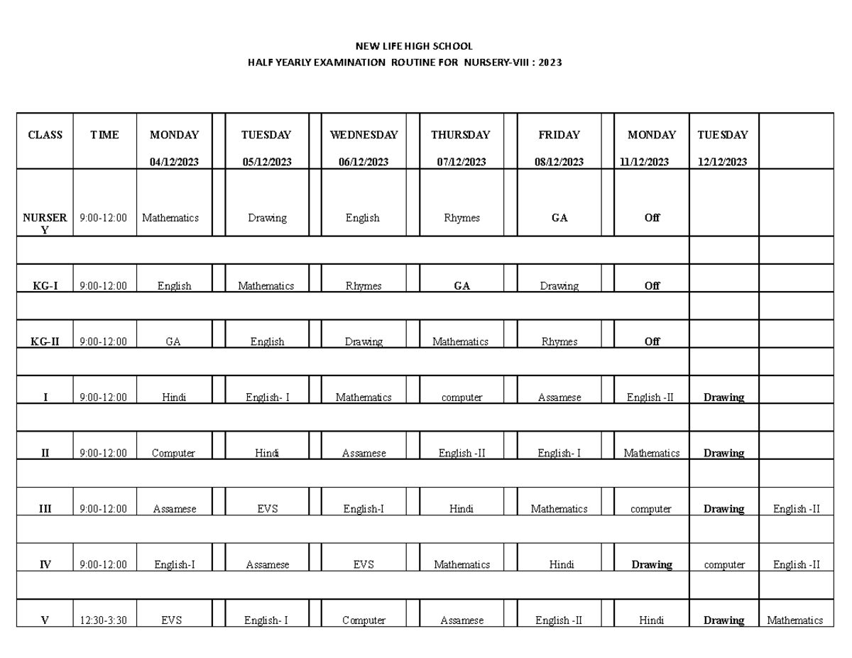 2nd Unit test 2023 routine - NEW LIFE HIGH SCHOOL HALF YEARLY ...
