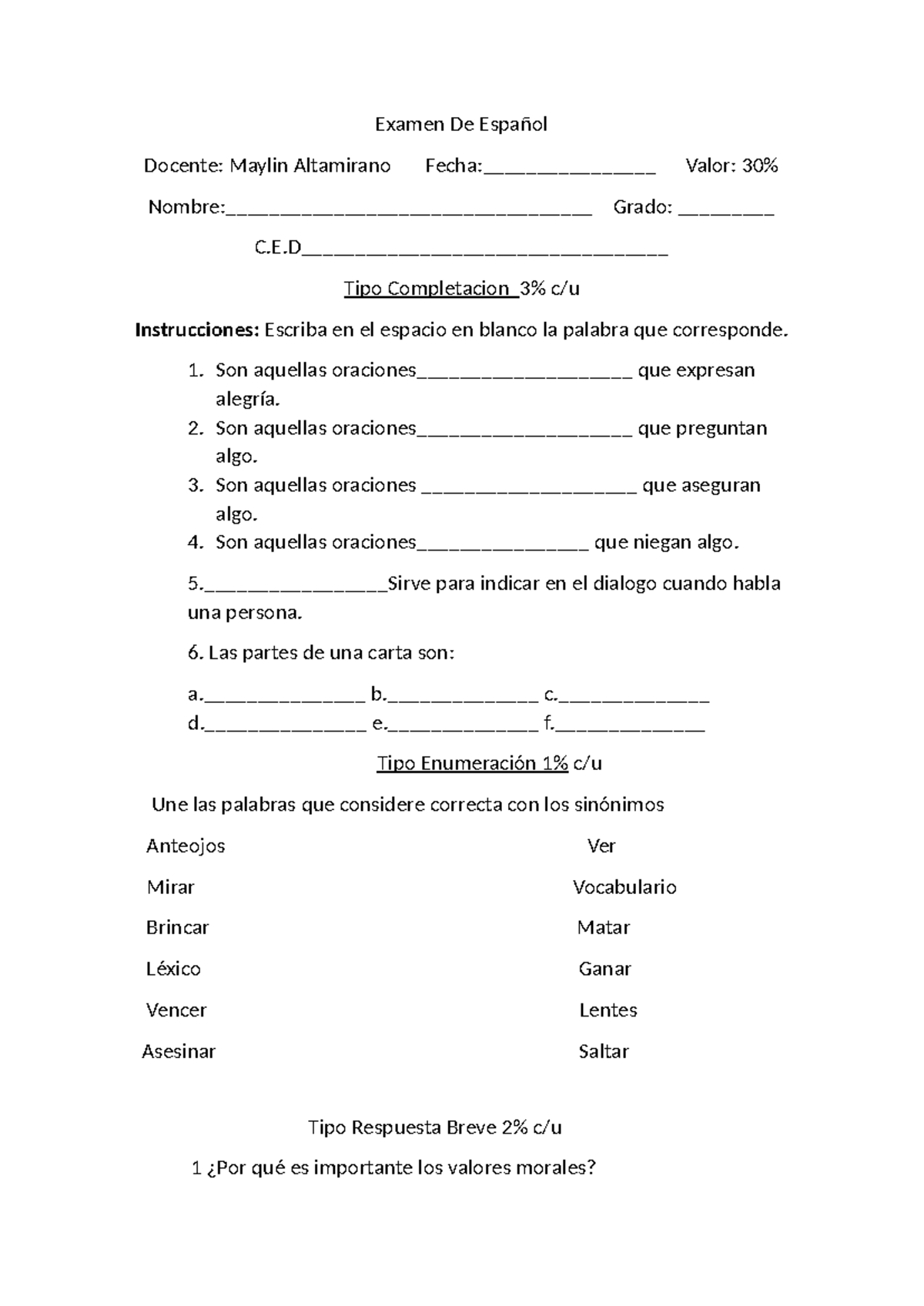 Examen De Español ESC Ramon Rosa - Examen De Español Docente: Maylin ...