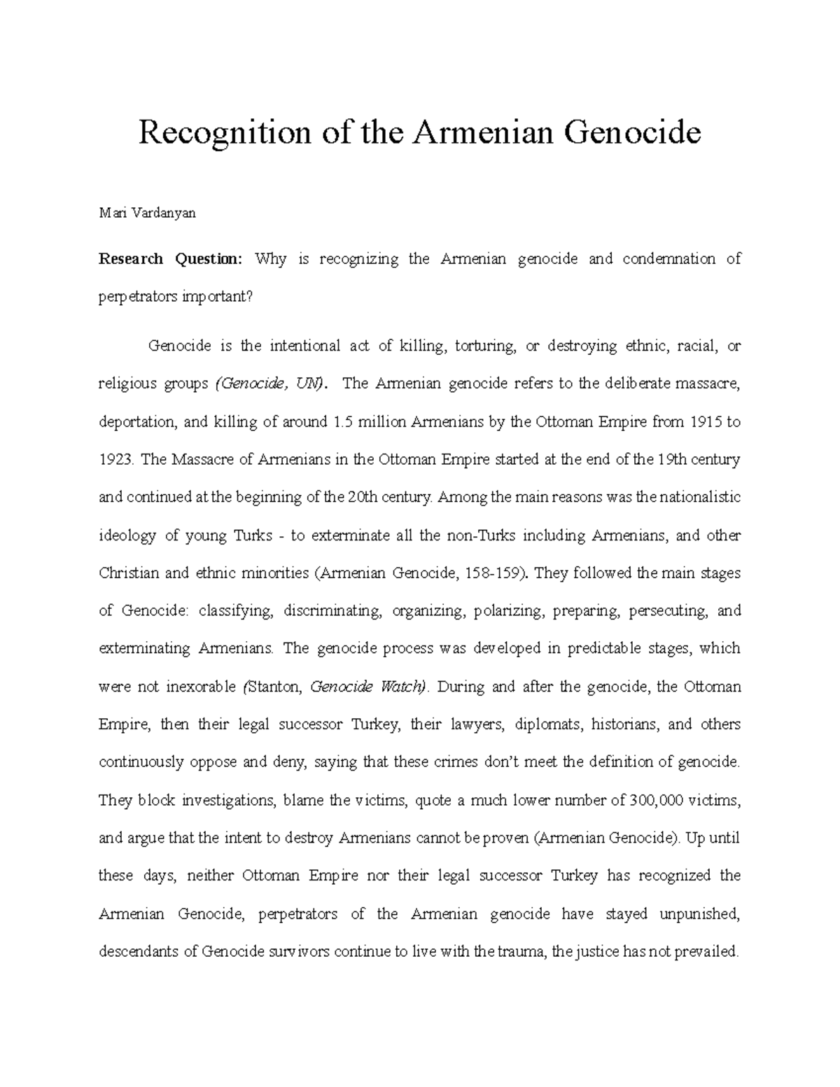 Final Mari Armenian Genocide Research Paper - Recognition of the ...