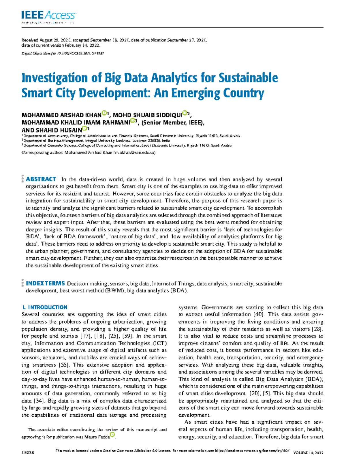 Investigation of Big Data Analytics for Sustainable Smart City ...