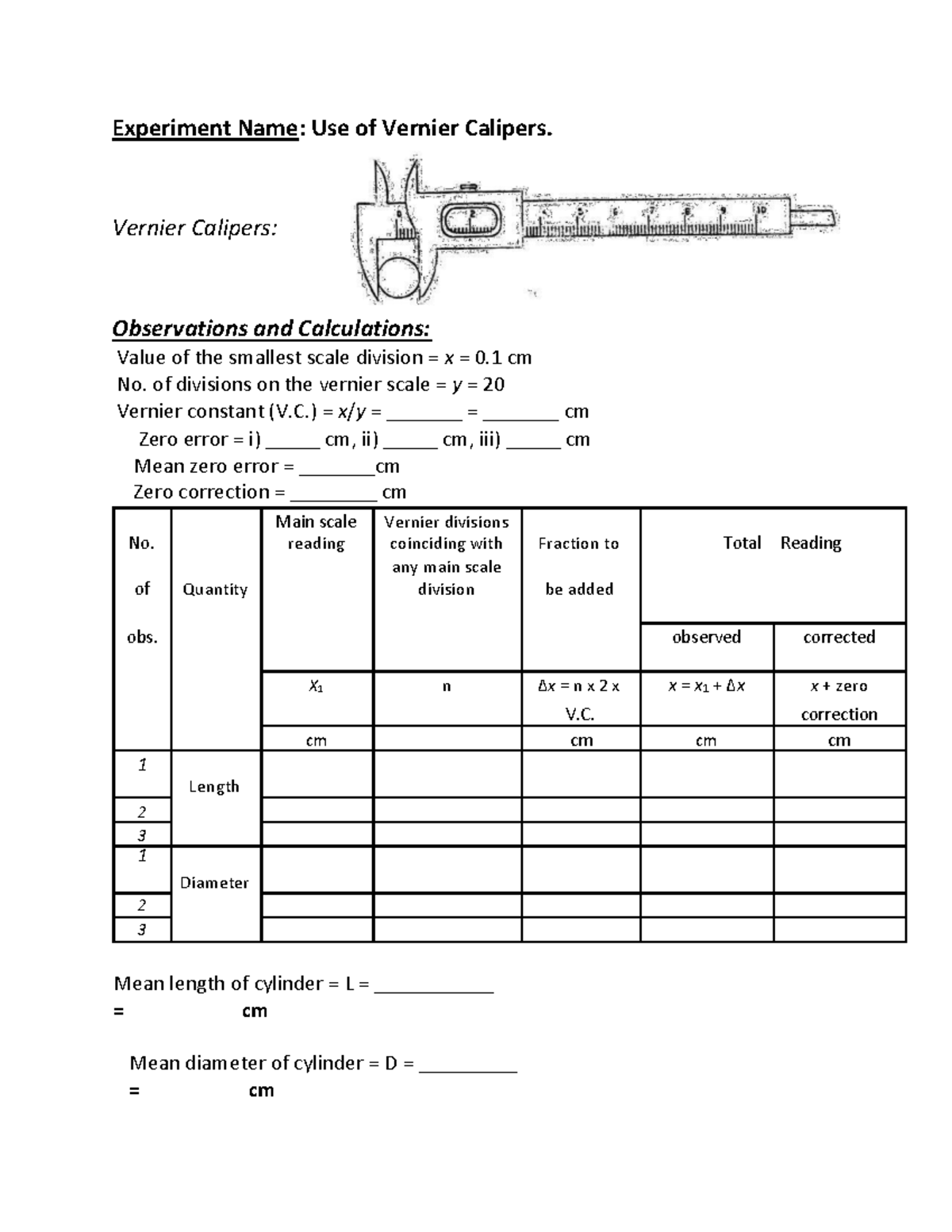 Slide Calipers Data Sheet 21 - Experiment Name: Use of Vernier Calipers ...
