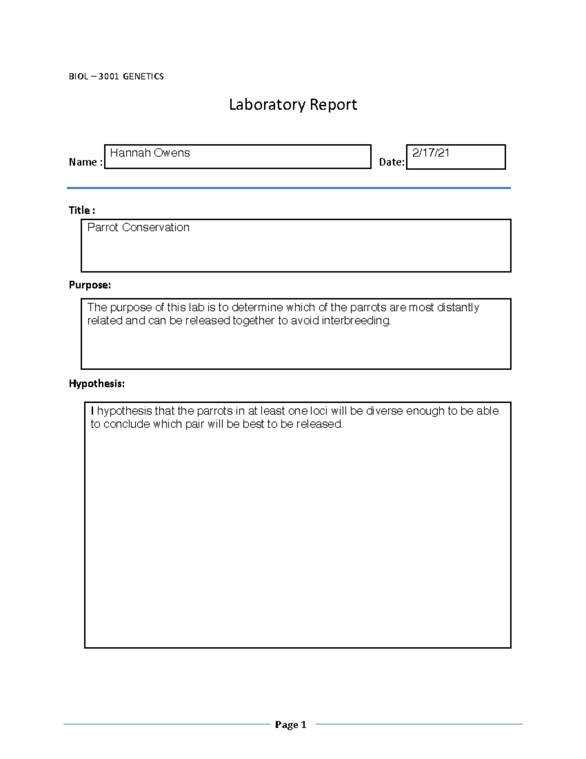 Laboratory Report Form - BIOL – 300 1 G ENETICS Laboratory R eport Name ...