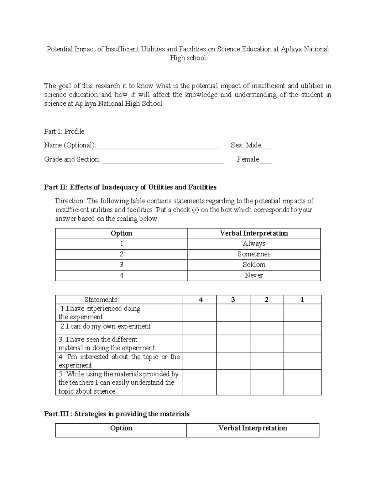 Survey - sample questionnaire - Potential Impact of Insufficient ...