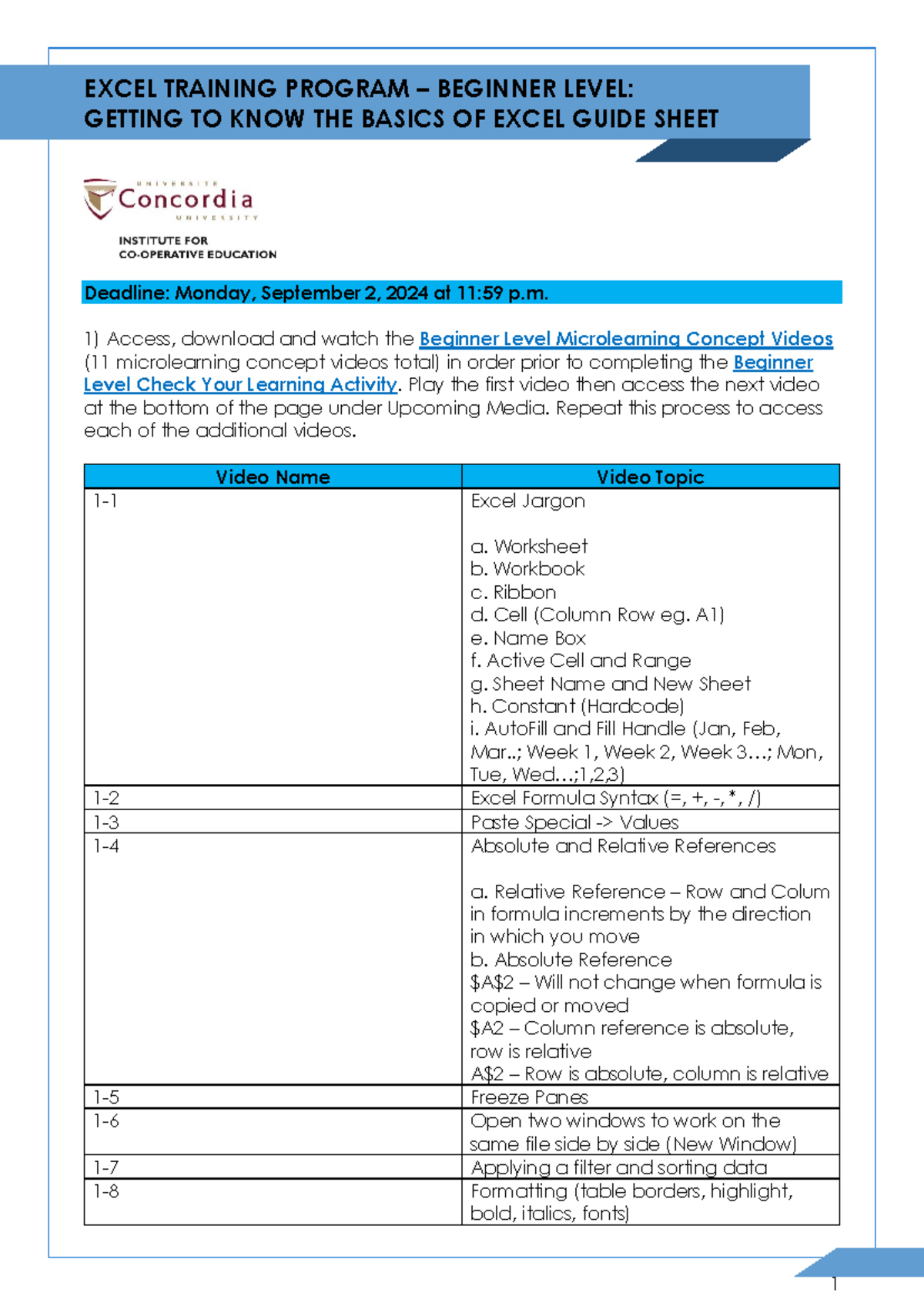 Institute Excel Training Program - Beginner Level Guide Sheet - 1 EXCEL ...