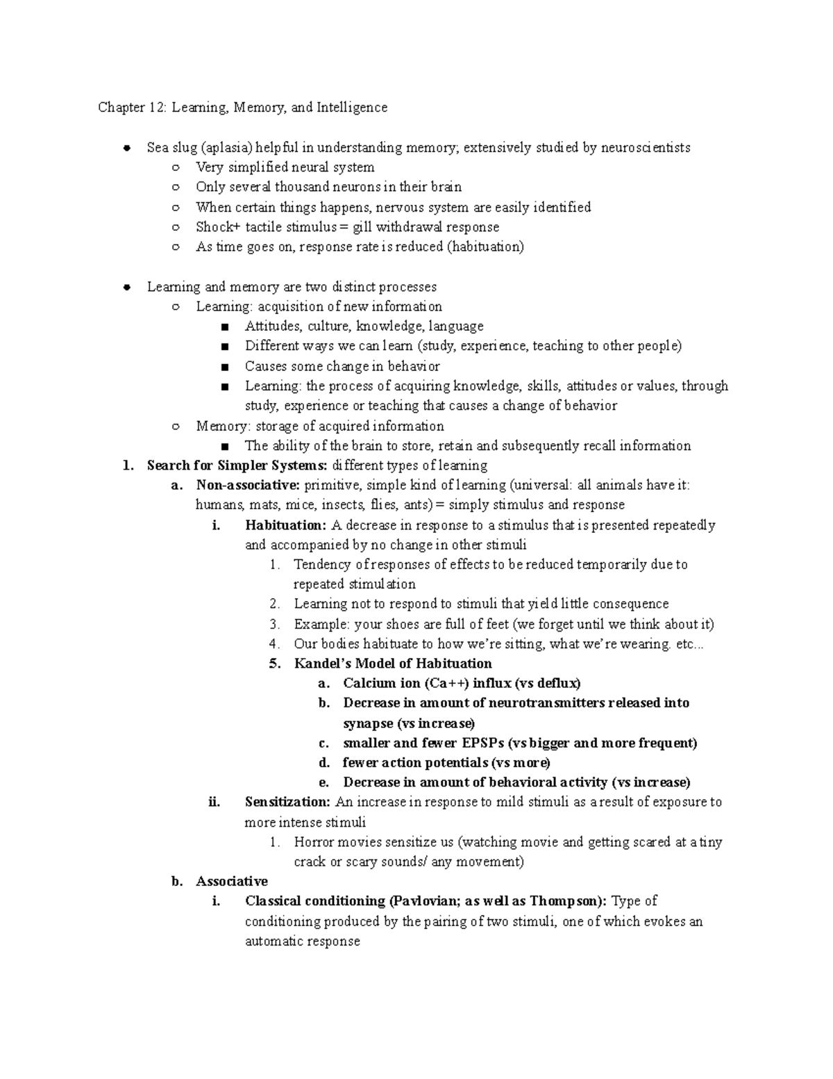 Brain and Behavior part 2 - Chapter 12: Learning, Memory, and Intelligence Sea slug (aplasia ...