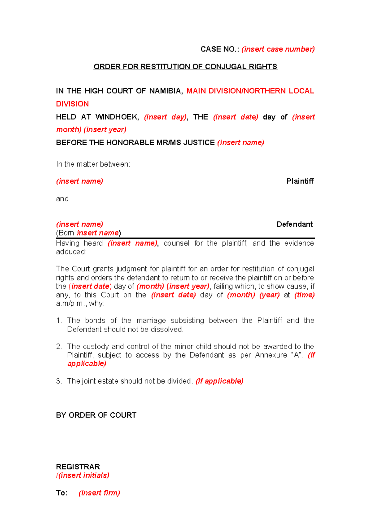 Restitution of Conjugal Rights - CASE NO.: (insert case number) ORDER ...