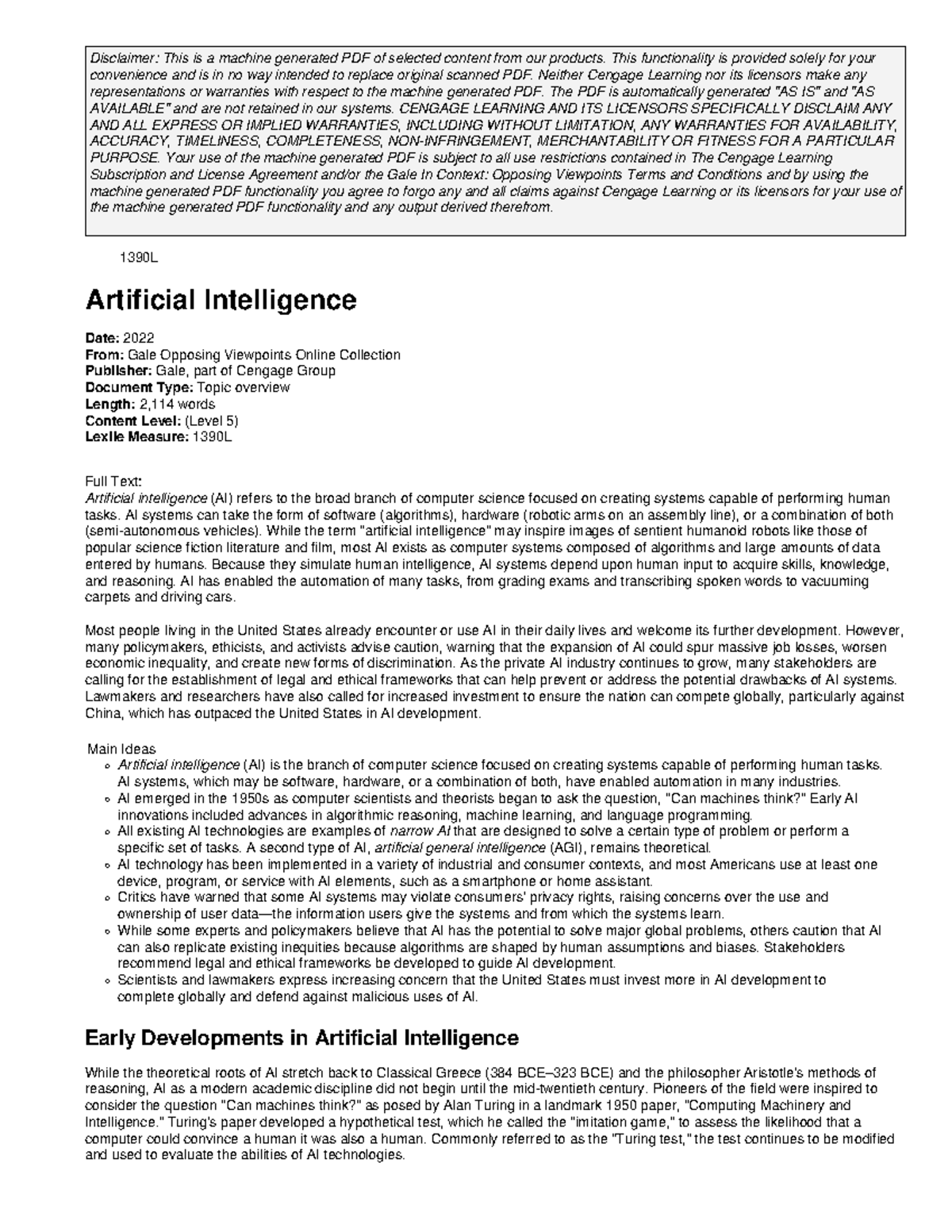 Artificial Intelligence - Disclaimer: This is a machine generated PDF ...