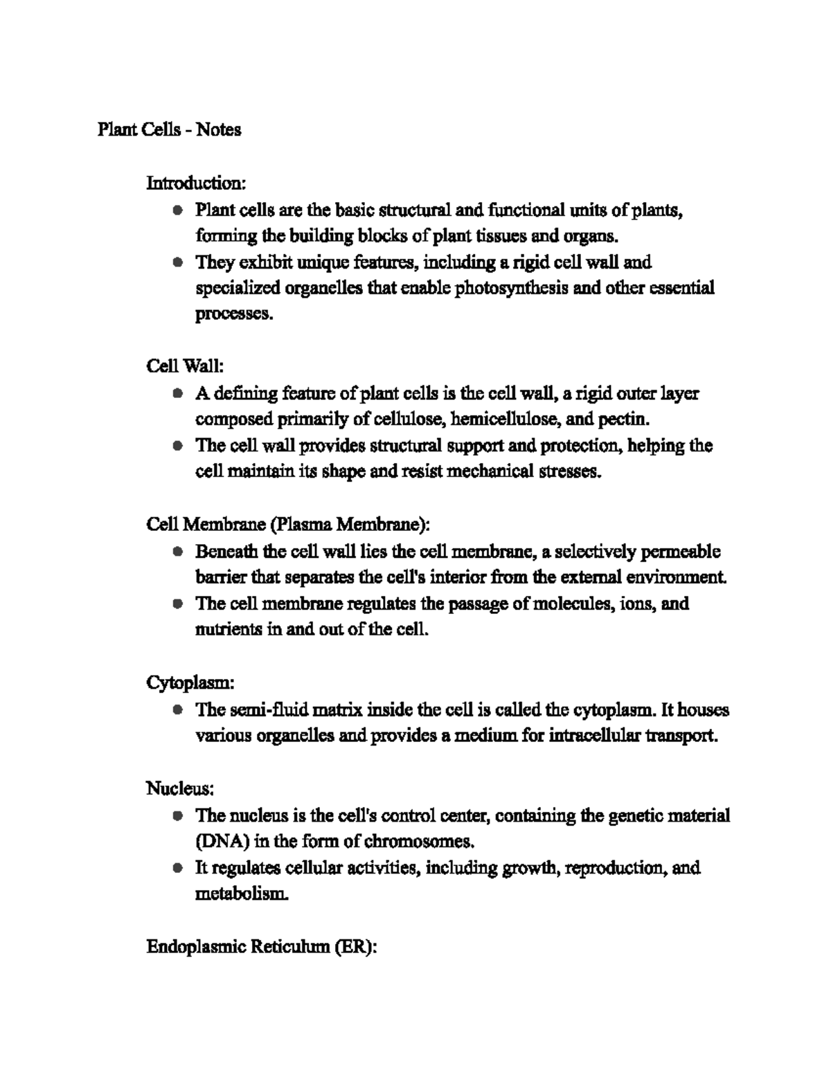 Plant Cell Notes - Studocu