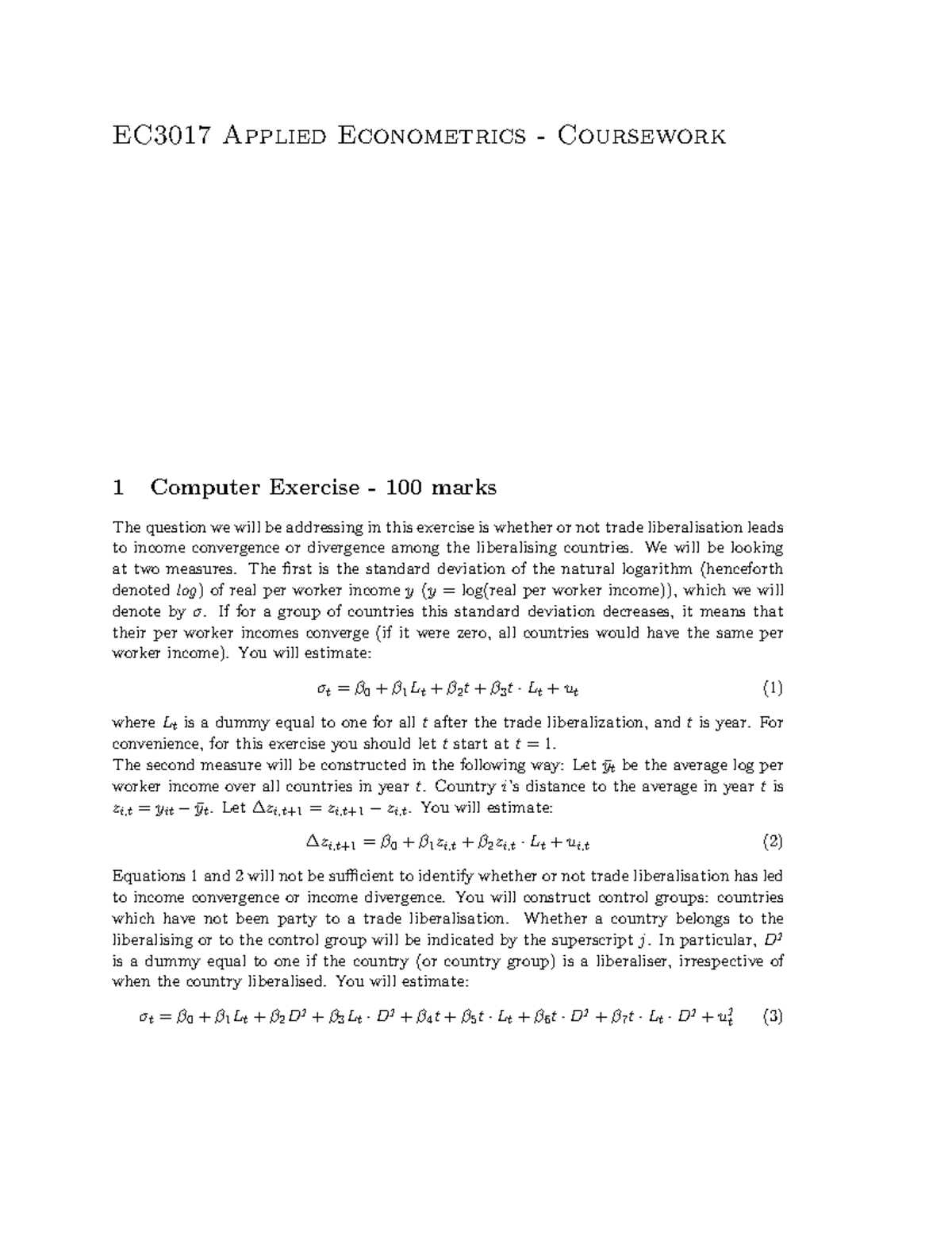 Coursework background - EC3017 Applied Econometrics - Coursework Instructions: The coursework ...