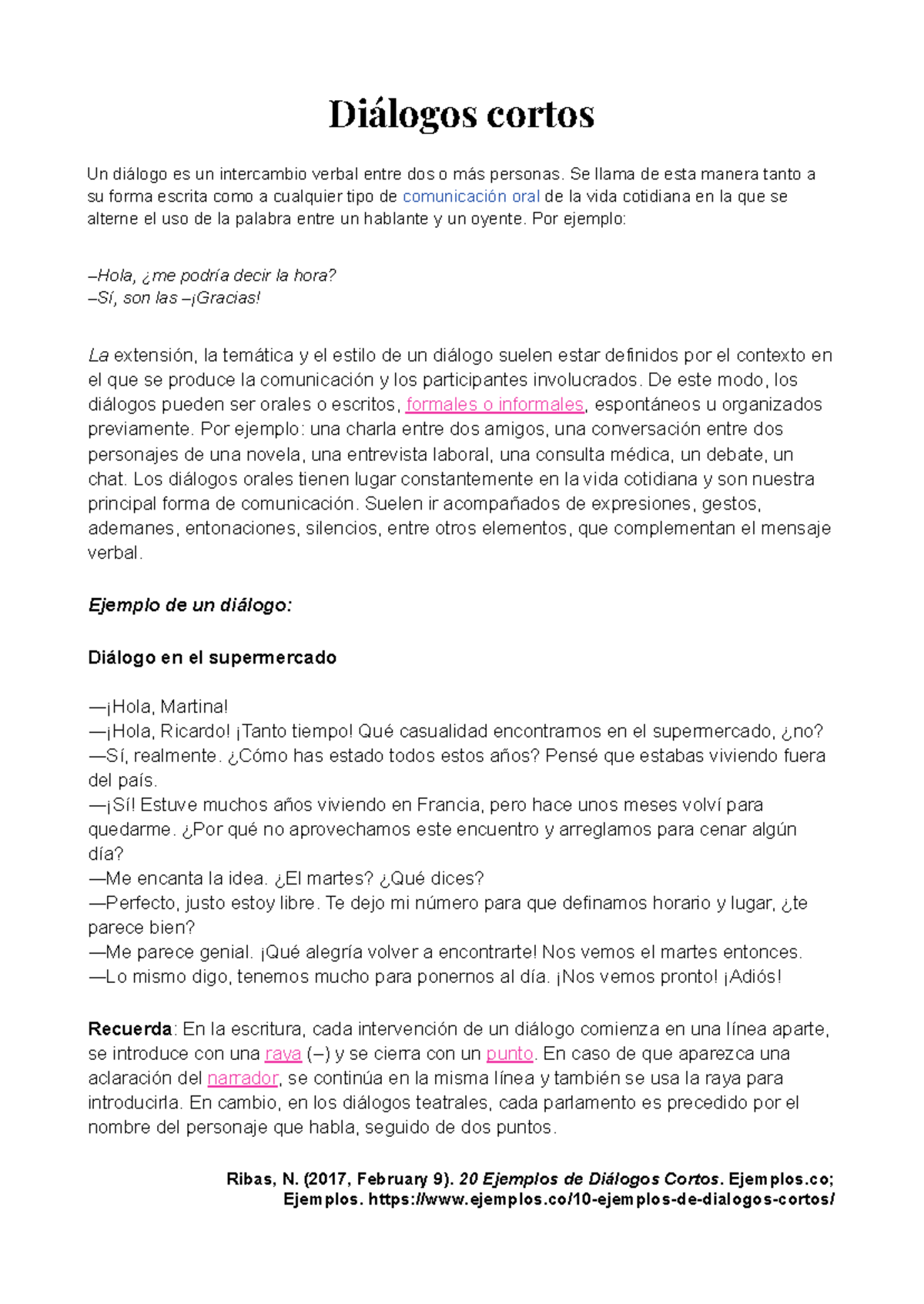 Dialogos cortos - Diálogos cortos Un diálogo es un intercambio verbal ...