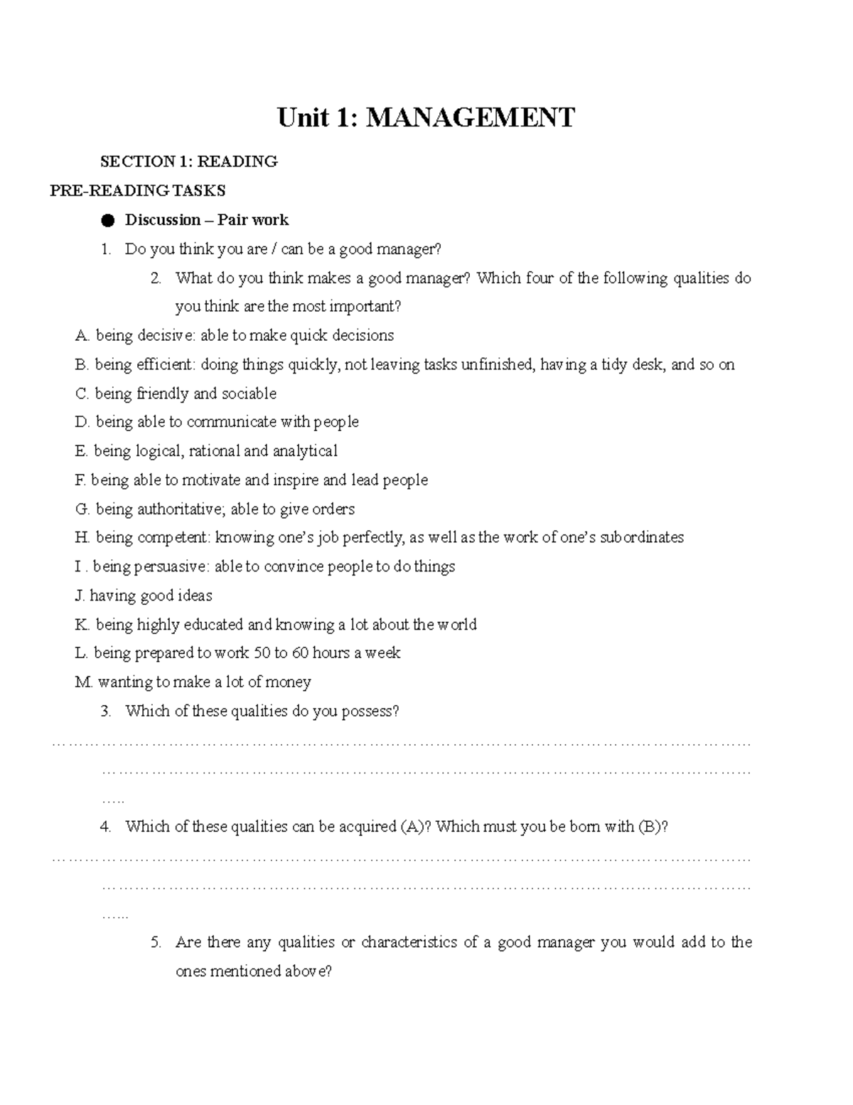 Bản sao của Copy of Unit 1 - Management - Unit 1: MANAGEMENT SECTION 1 ...