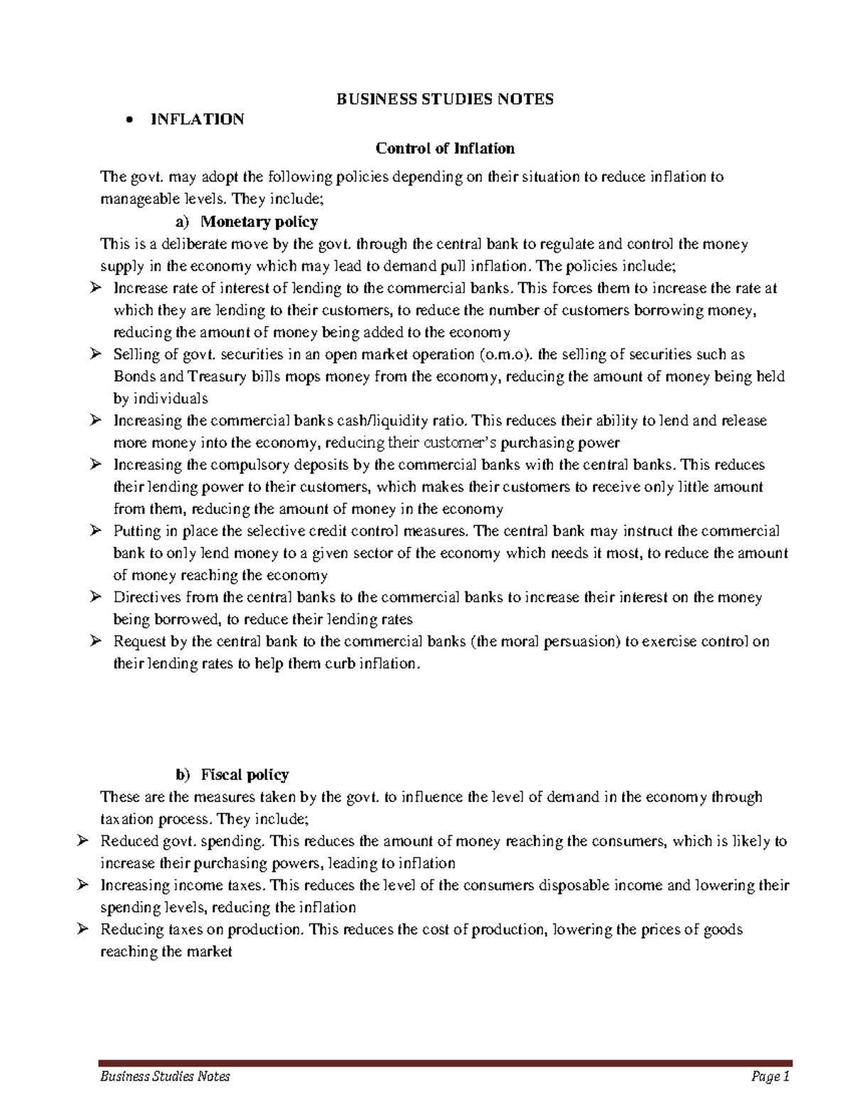 Form four business notes - BUSINESS STUDIES NOTES INFLATION Control of ...