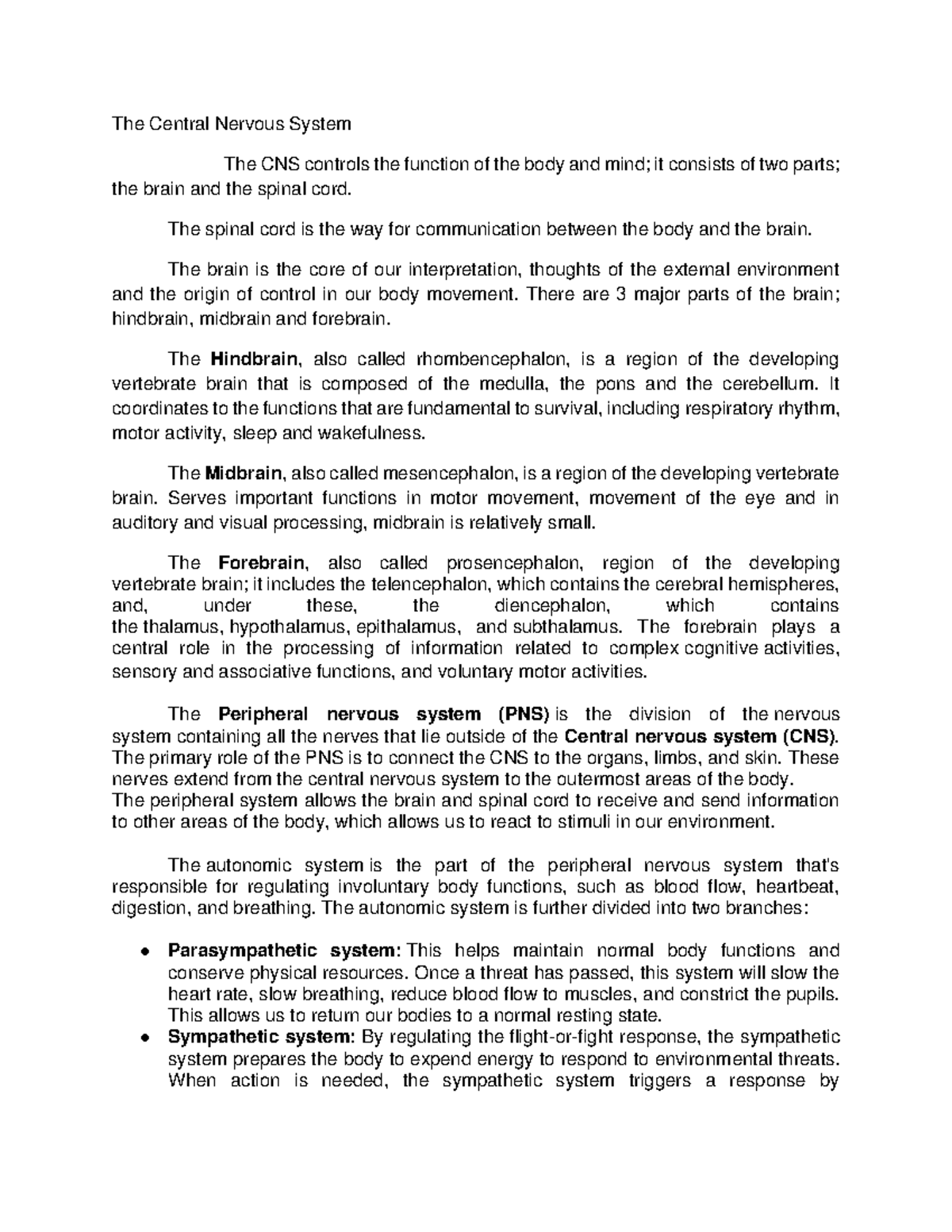 The Central Nervous System (BIO. PSY - BS Psychology - Studocu