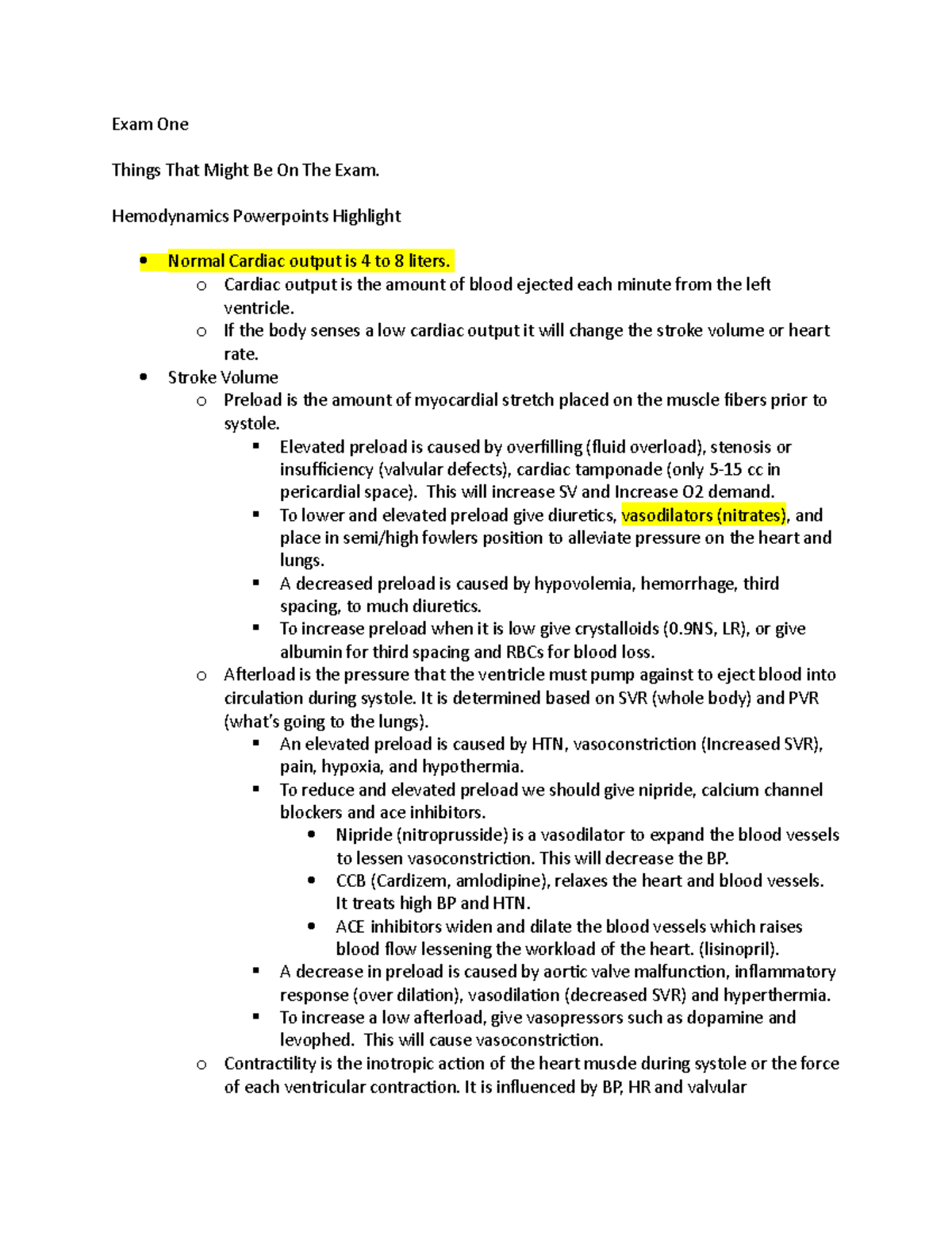 Exam One - Notes from critical care lecture. Items highlighted are ones ...