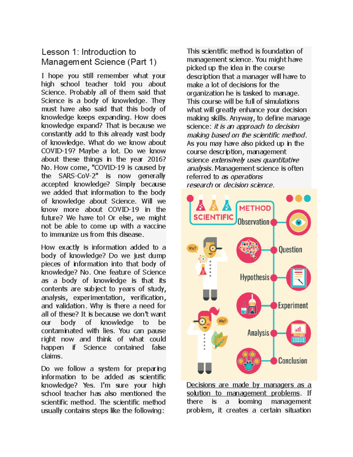 MAN SCI REV - Lecture notes aq - Lesson 1: Introduction to Management ...