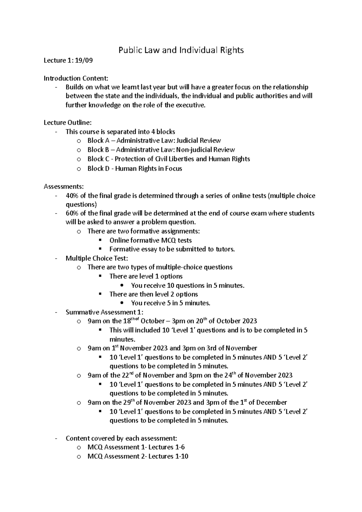 Plair lecture notes - Public Law and Individual Rights Lecture 1: 19 ...