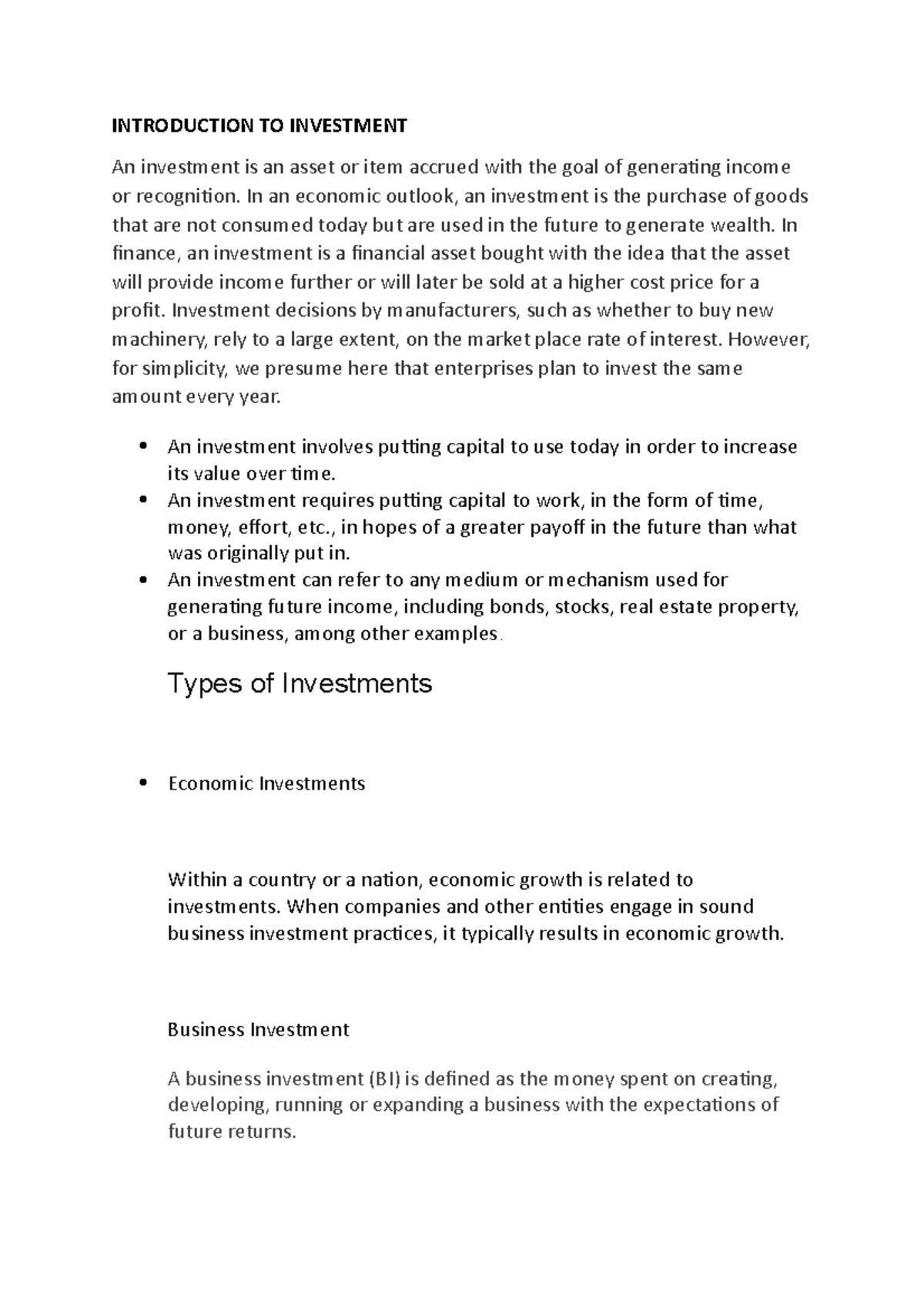 Introduction to Investment - INTRODUCTION TO INVESTMENT An investment ...