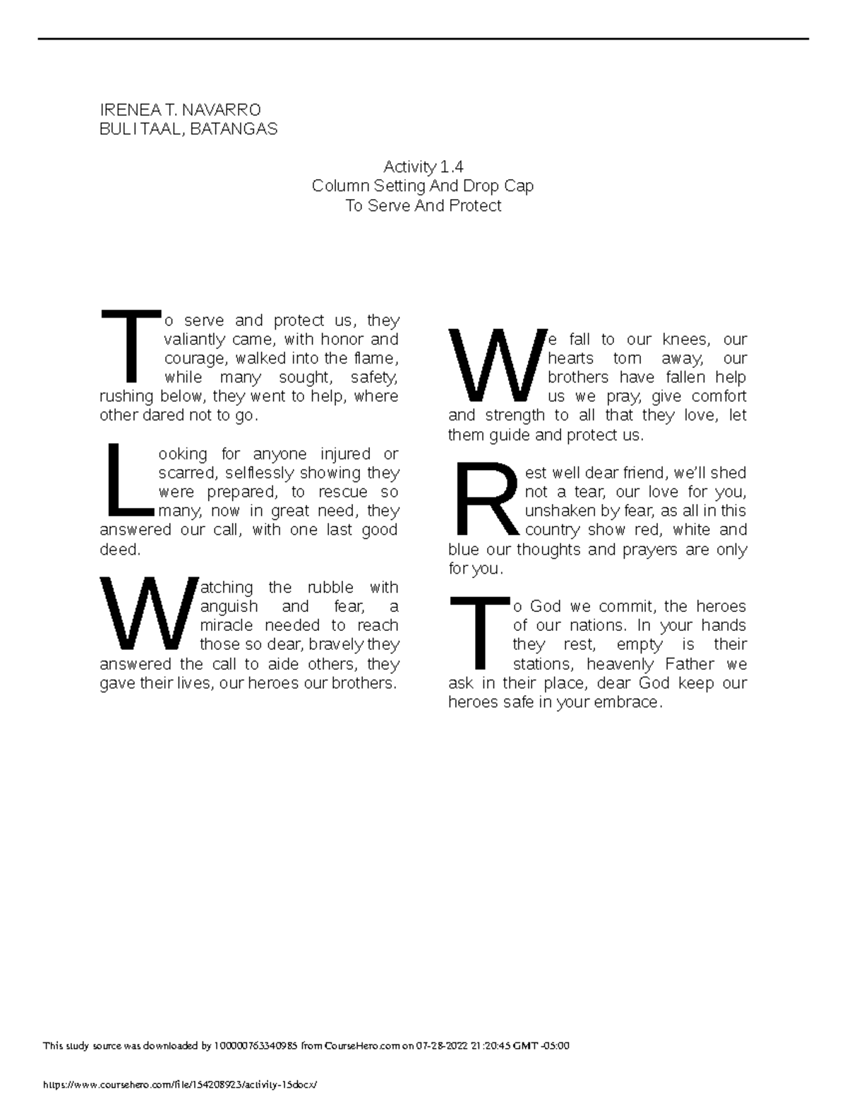 Activity 1 - IRENEA T. NAVARRO BULI TAAL, BATANGAS Activity 1. Column ...