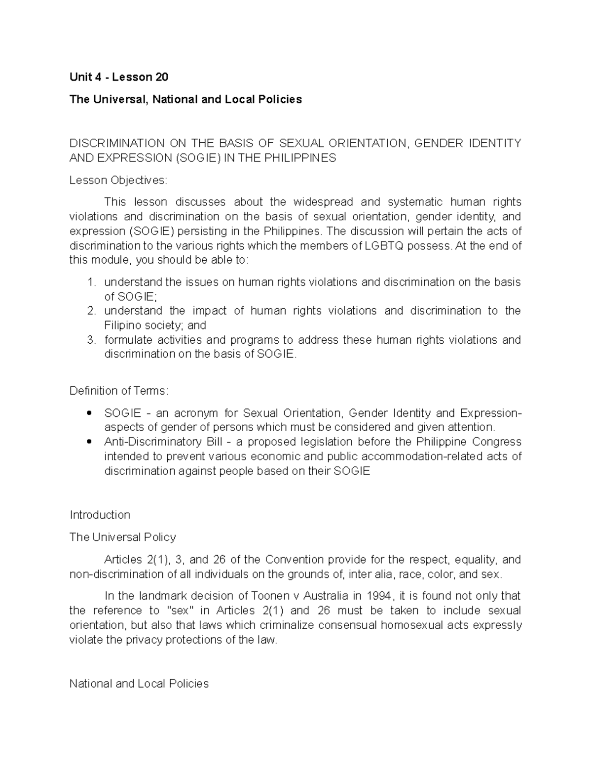 The Universal, National and Local Policies - Unit 4 - Lesson 20 The ...