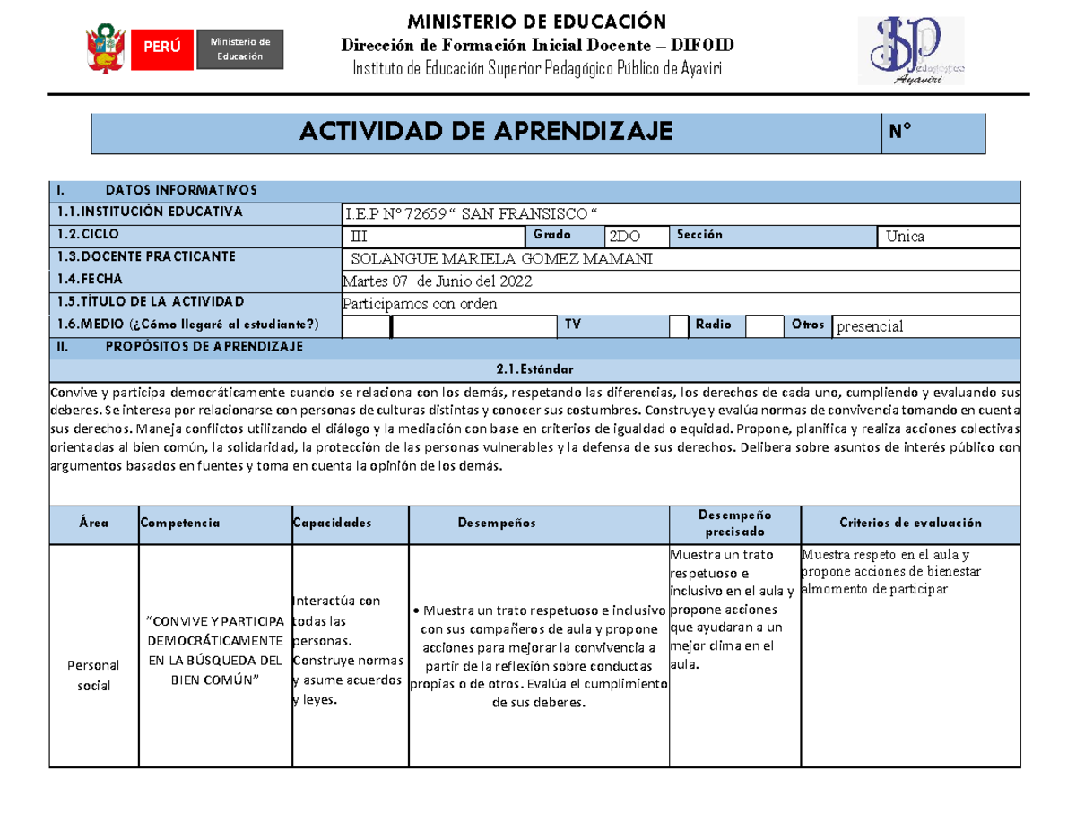 Sesion 22 ps - tarea - Dirección de For mación Inicial Docen te ...