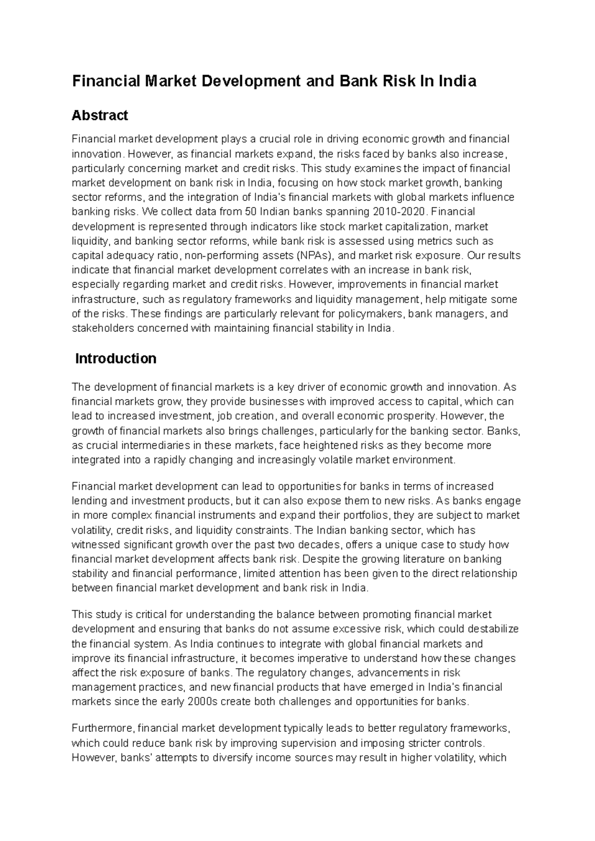 Financial Market Development and Bank Risk In India - Financial Market ...