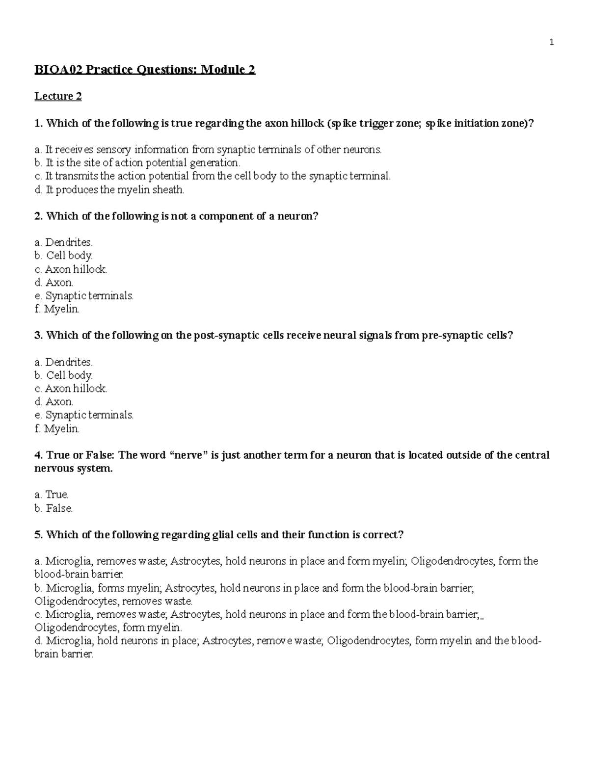 Mod 2 Lec 2 Practice Questions 2023 - BIOA02 Practice Questions: Module ...