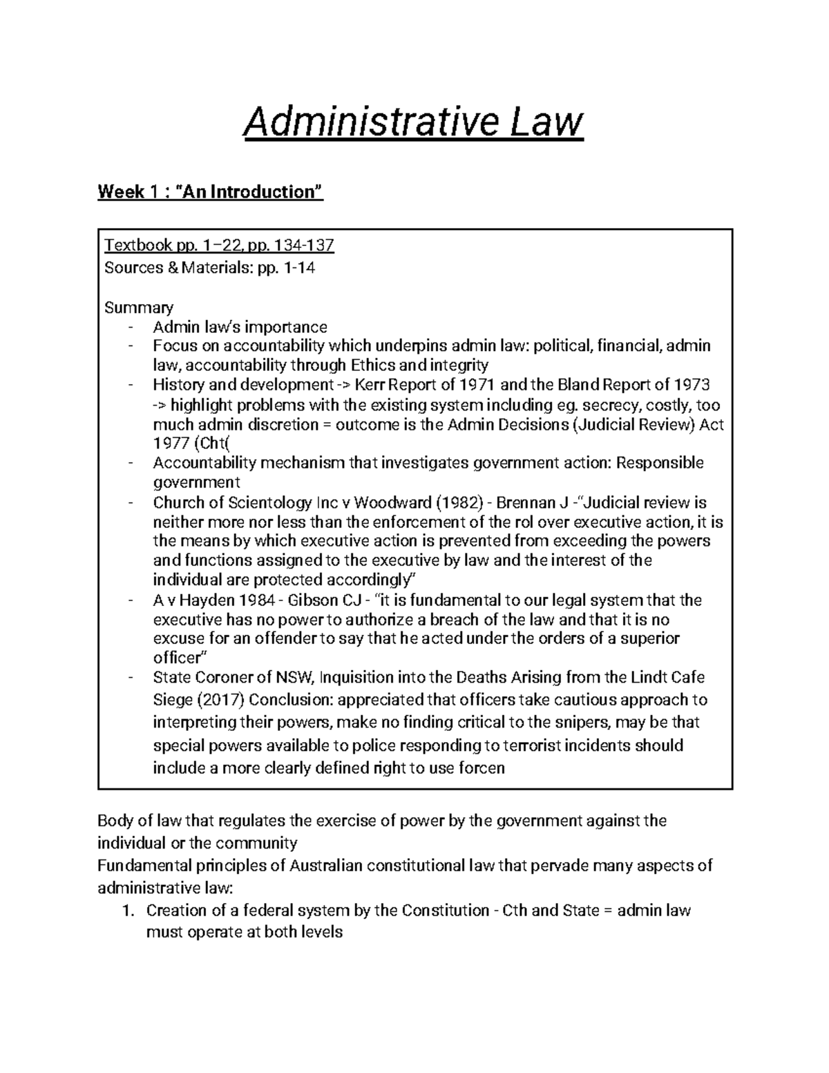Exam notes - Admin Law - Administrative Law Week 1 : “An Introduction ...