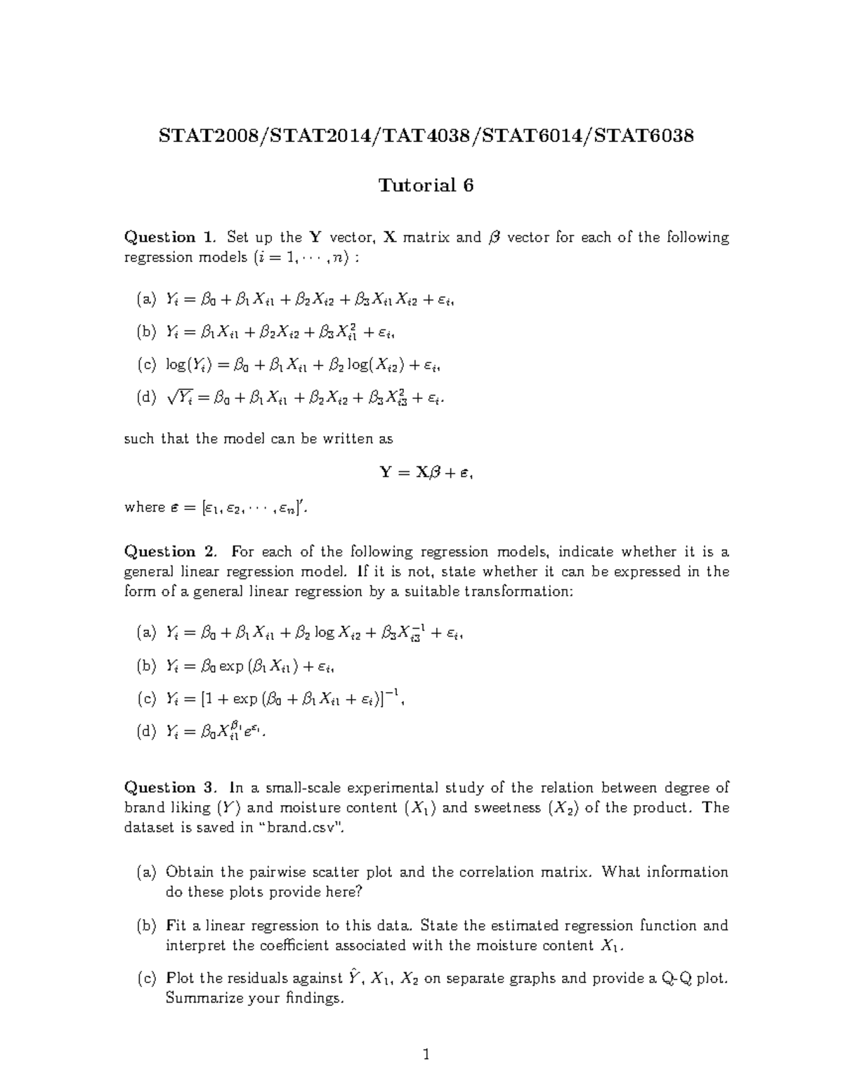 Tutorial 6 - STAT2008/STAT2014/TAT4038/STAT6014/STAT Tutorial 6 Question 1. Set up - Studocu