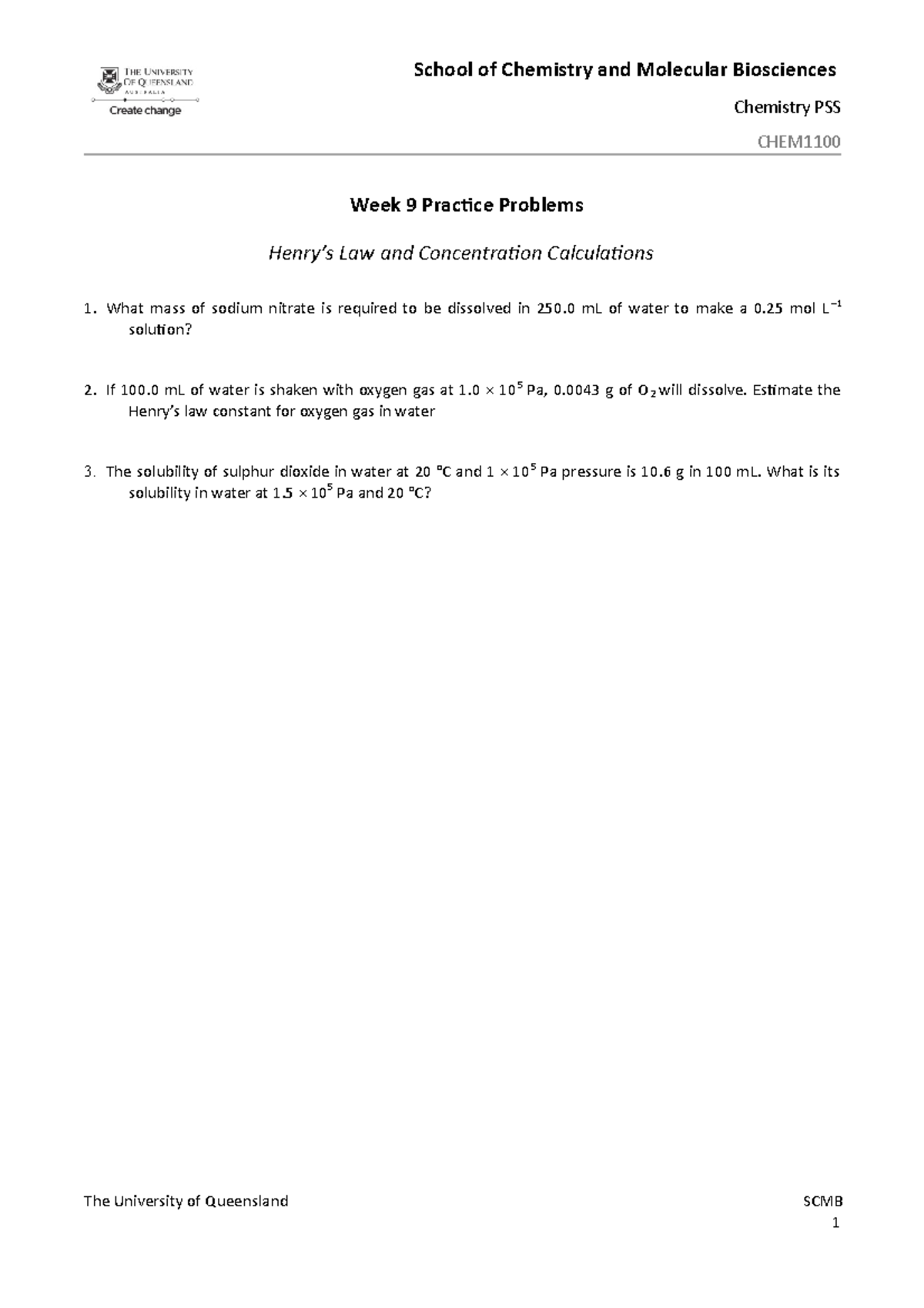 CHEM1 100 Week 9 PSS Worksheet - School of Chemistry and Molecular ...