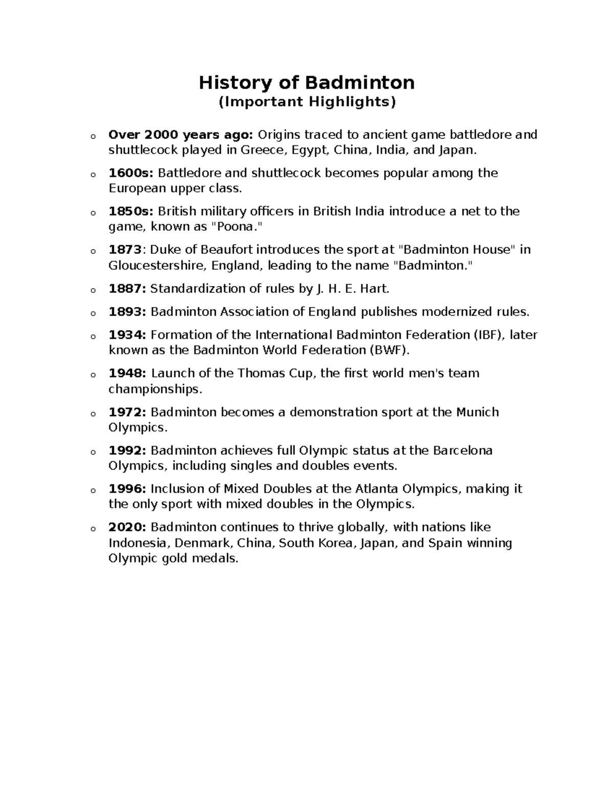 Badminton-Highlights - History of Badminton (Important Highlights) o ...