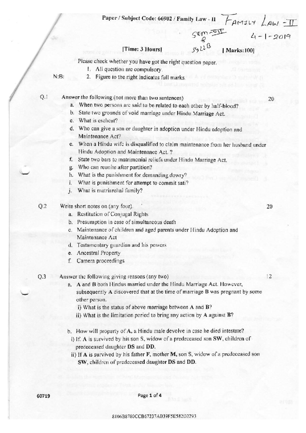 Family Law II - Previous year paper - BA-llb - Studocu