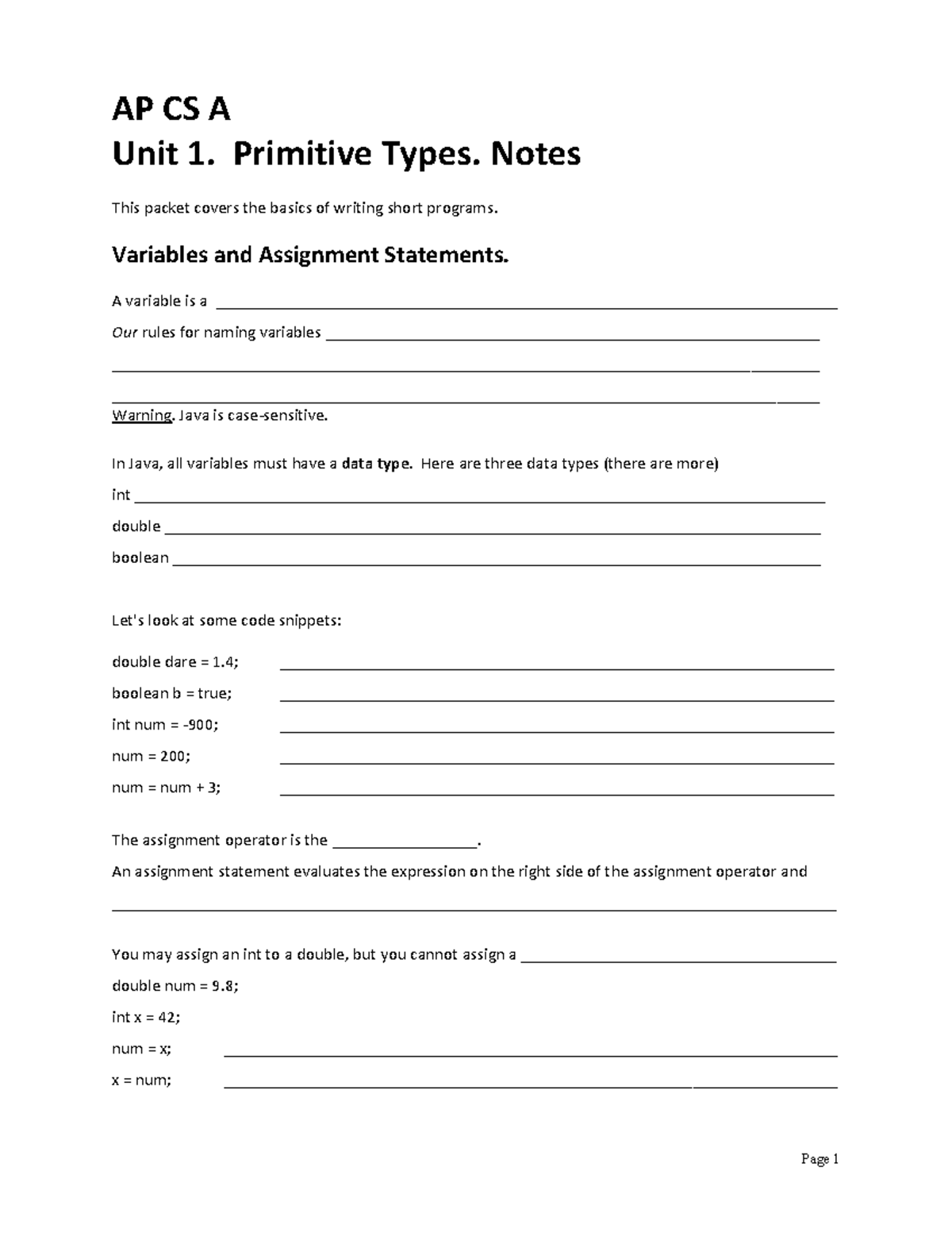 Notesunit 1 Stuff Ap Cs A Unit 1 Primitive Types Notes This Packet Covers The Basics Of