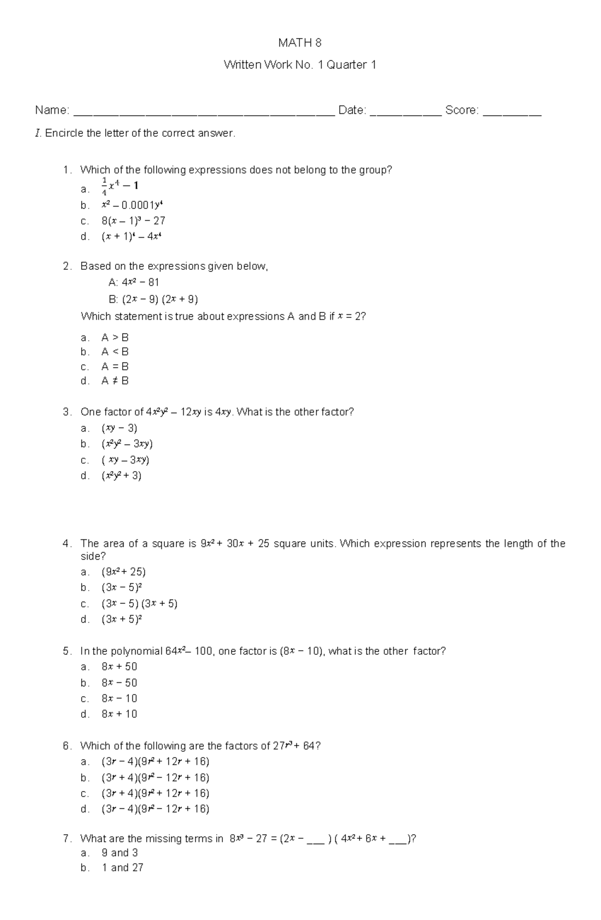 Math 8 First Quarter Test Review Notes MATH 8 Written Work No 1