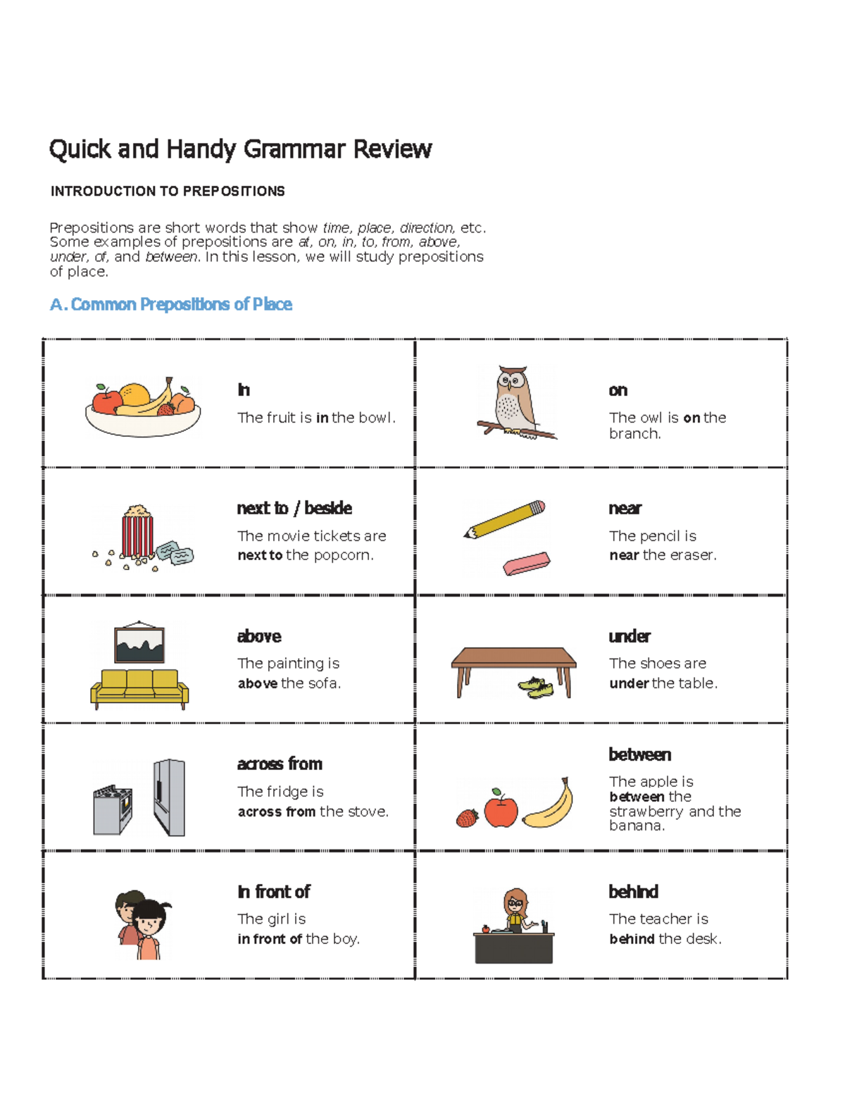 Preposition of places - Quick and Handy Grammar Review INTRODUCTION TO ...