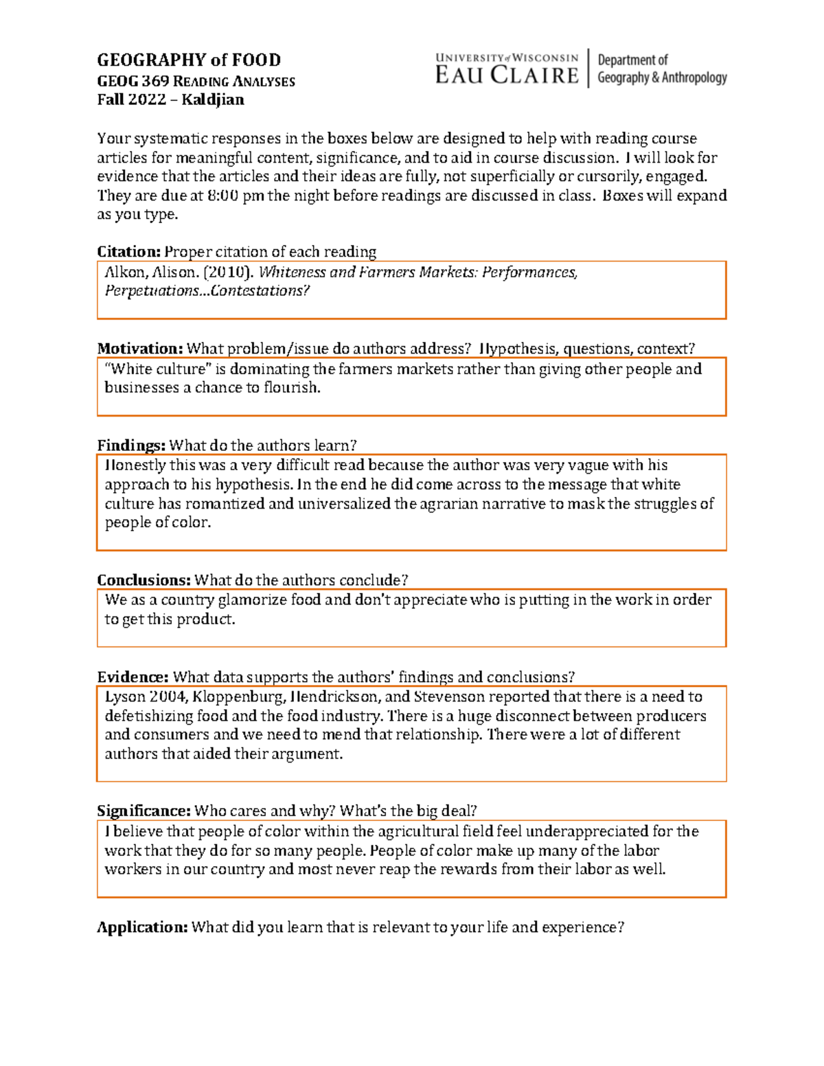 Reading Response F22-3 - GEOGRAPHY of FOOD GEOG 369 READING ANALYSES ...