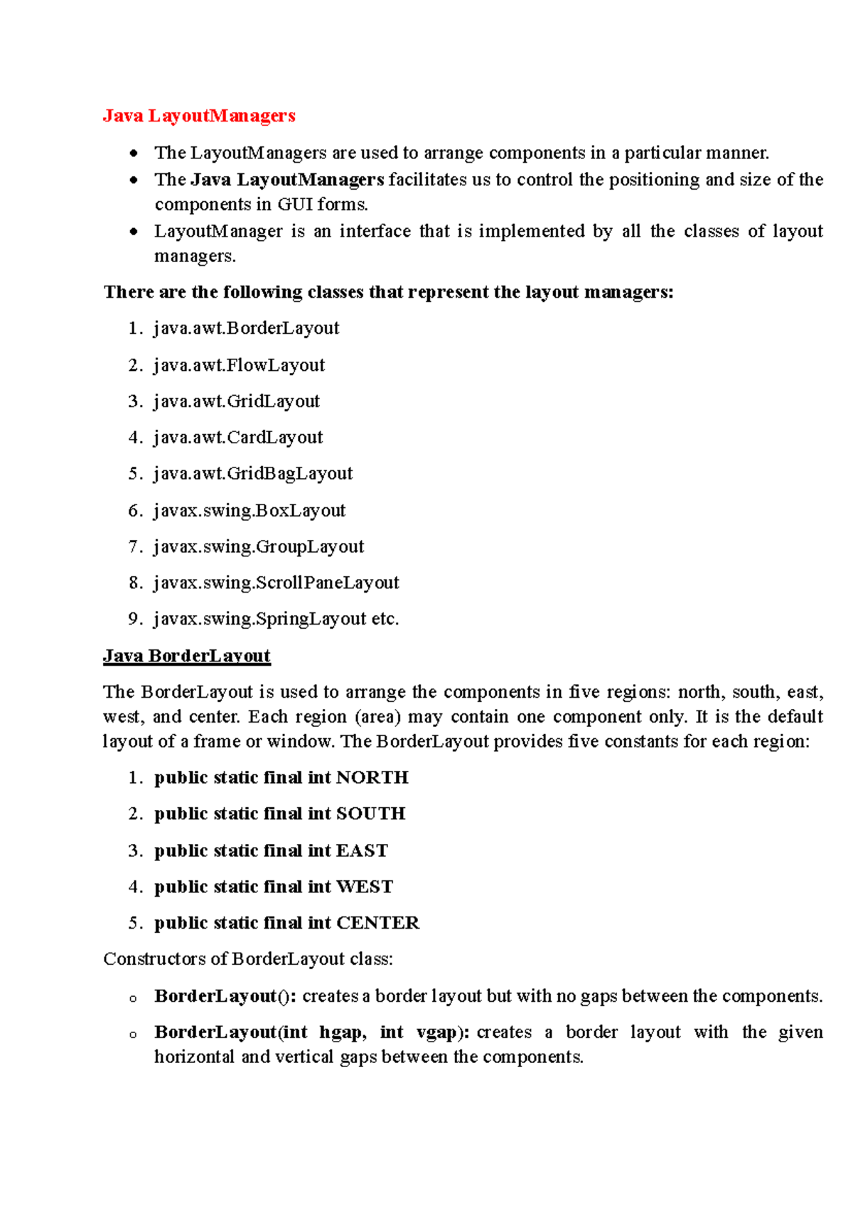 java theory notes - Java LayoutManagers - The LayoutManagers are used ...