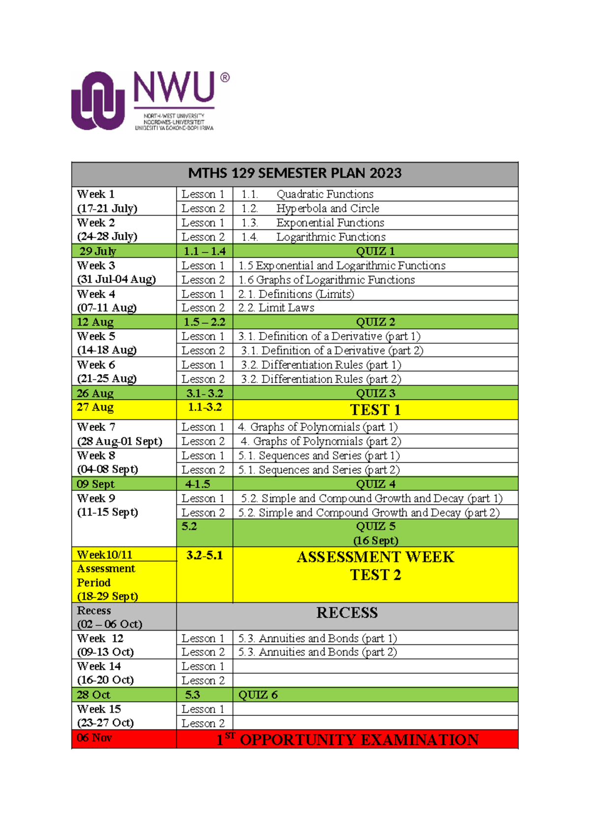 MTHS129 Semester Plan 2023 - MTHS 129 SEMESTER PLAN 2023 Week 1 (17-21 ...