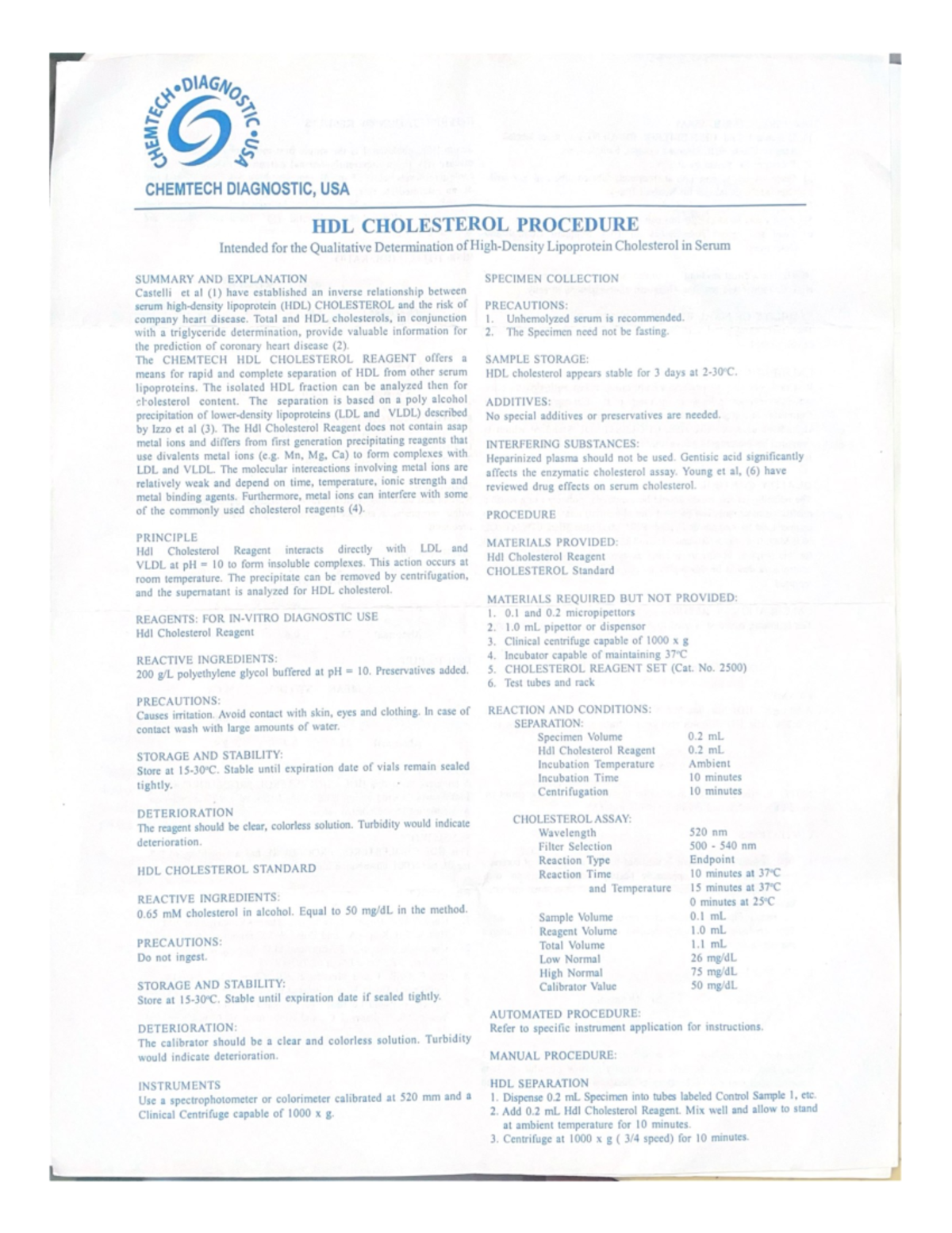 HDL- Cholesterol - CC1 ANALYTES - CHEMTECH DIAGNOSTIC, USA HDL ...