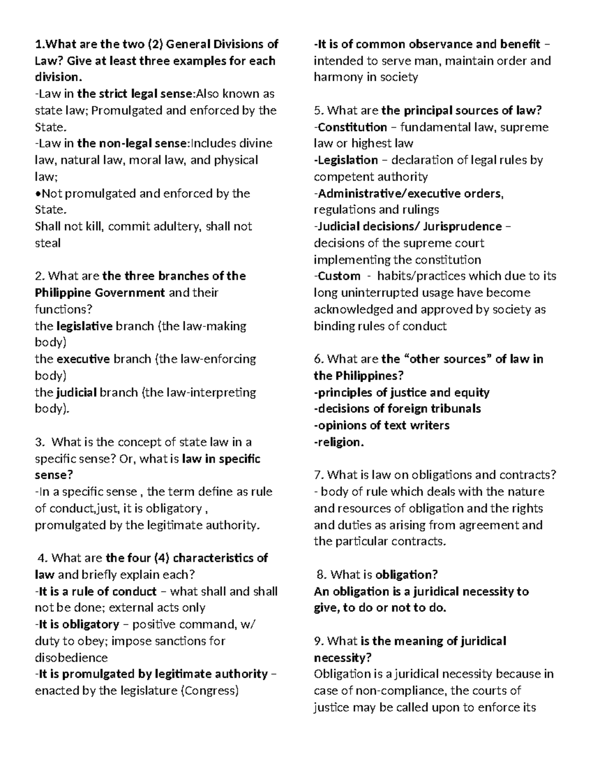Oblicon-reviewer - None - 1 are the two (2) General Divisions of Law ...