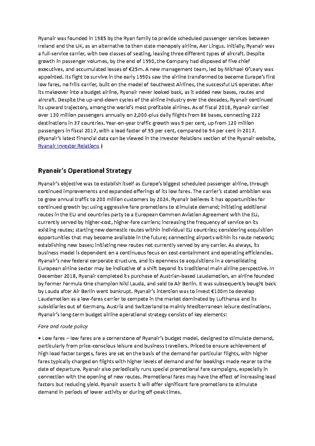 Case Study - Ryanair - Interesting - Ryanair was founded in 1985 by the ...