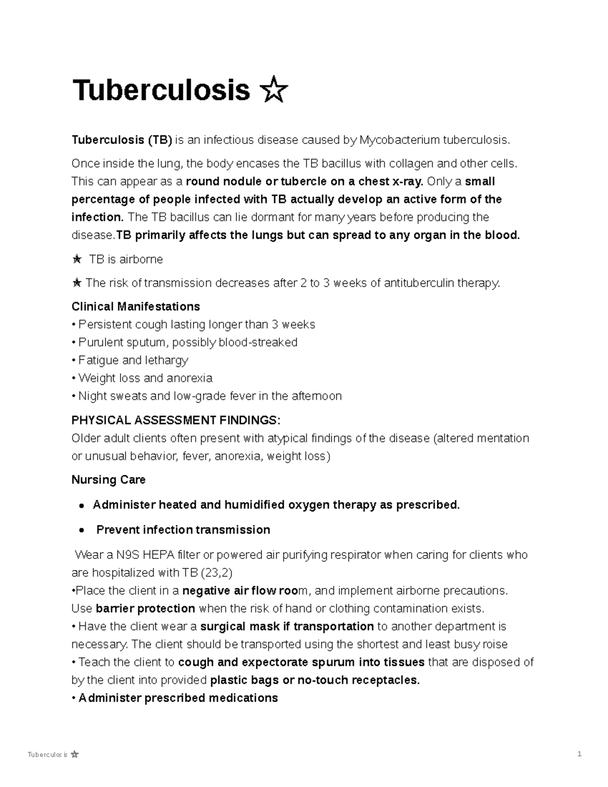 Tuberculosis notes medsurg - Tuberculosis ☆ Tuberculosis (TB) is an ...