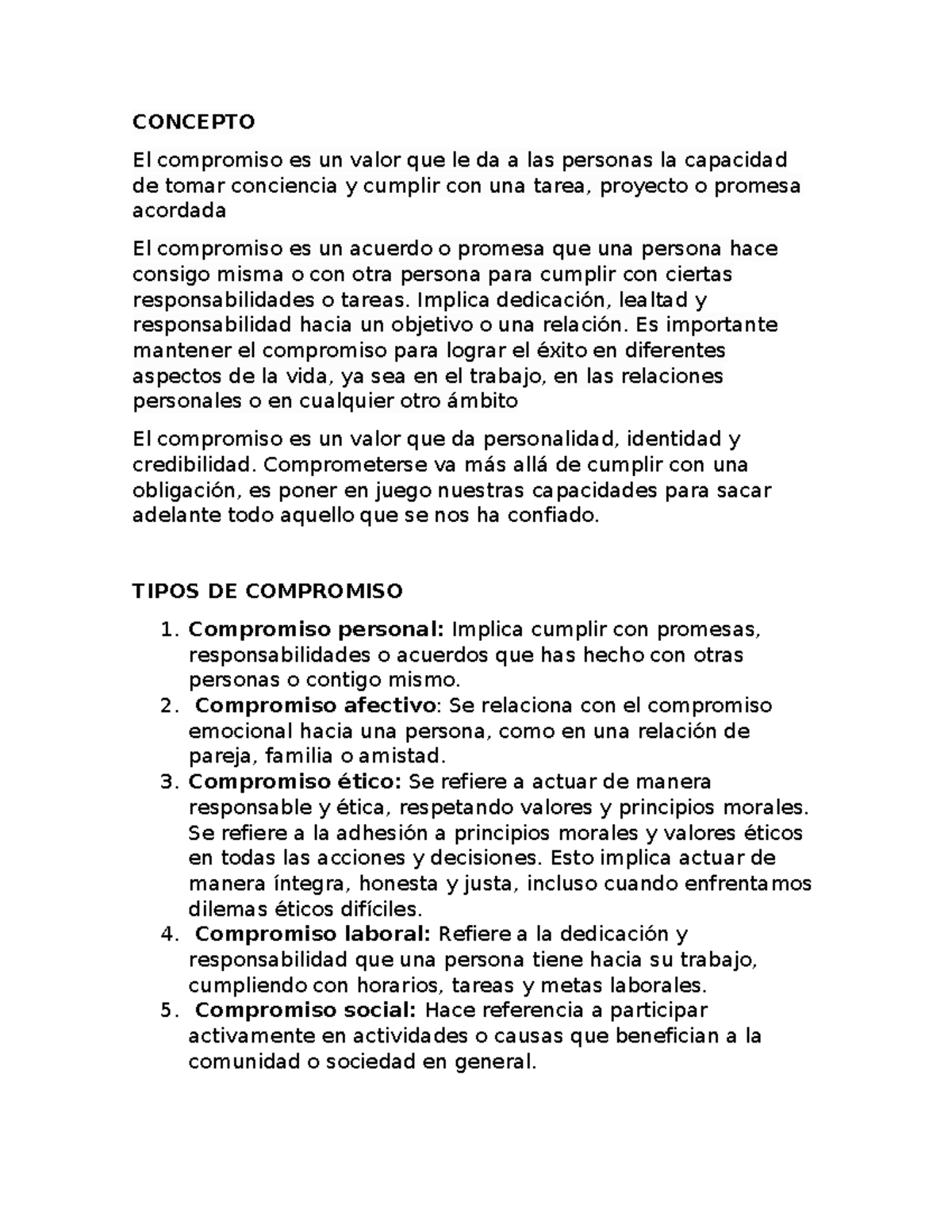 Compromiso - CONCEPTO El compromiso es un valor que le da a las ...