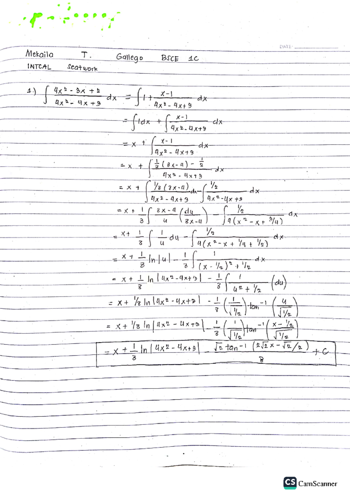 Intcal seatwork-partial fraction - Civil Engineering - CamScanner ...