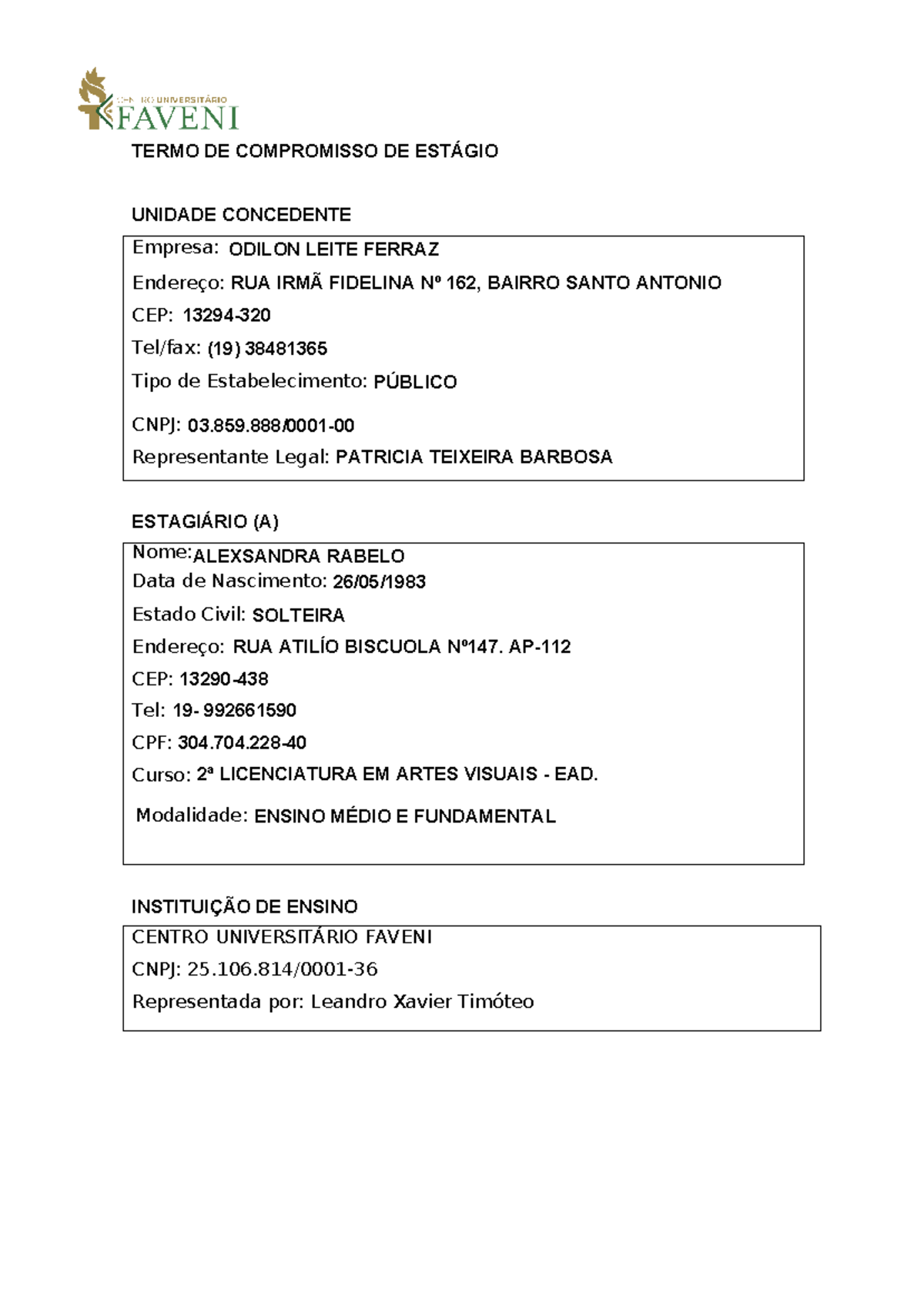 Estágio - Artes Visuais - LEKA - TERMO DE COMPROMISSO DE ESTÁGIO ...